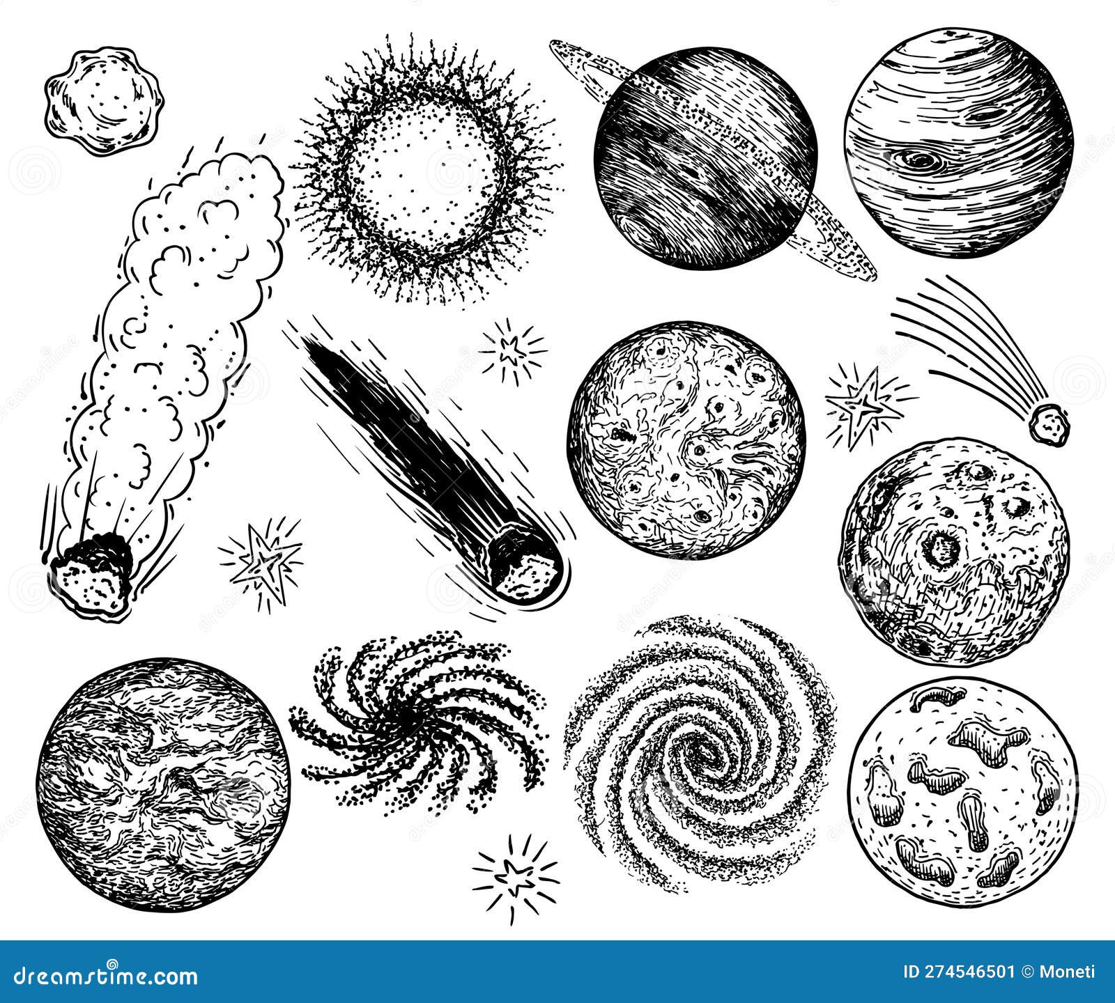 Sketch of Space Objects Set. Collection of Comets, Planets, Stars ...