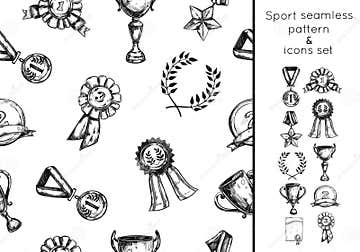 Sketch Sport Win Seamless Pattern and Icon Set Stock Vector ...
