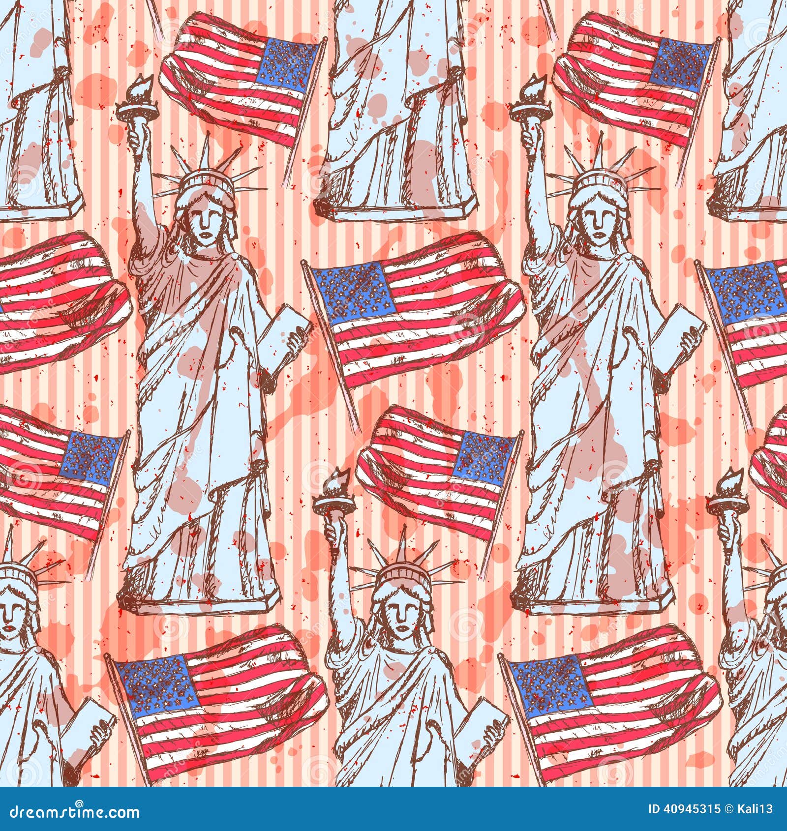 Sketch Statue of Liberty and Flag, Seamless Pattern Stock Illustration ...