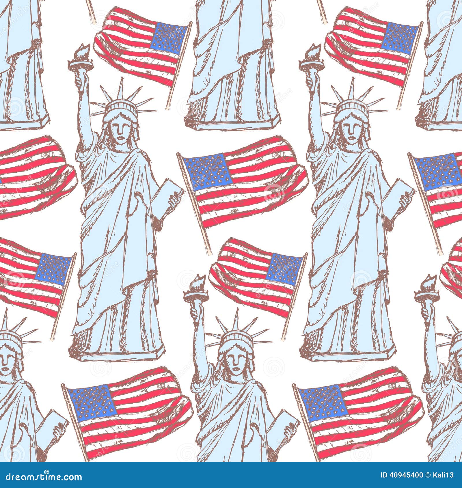 Sketch Statue of Liberty and Flag, Seamless Pattern Stock Illustration ...