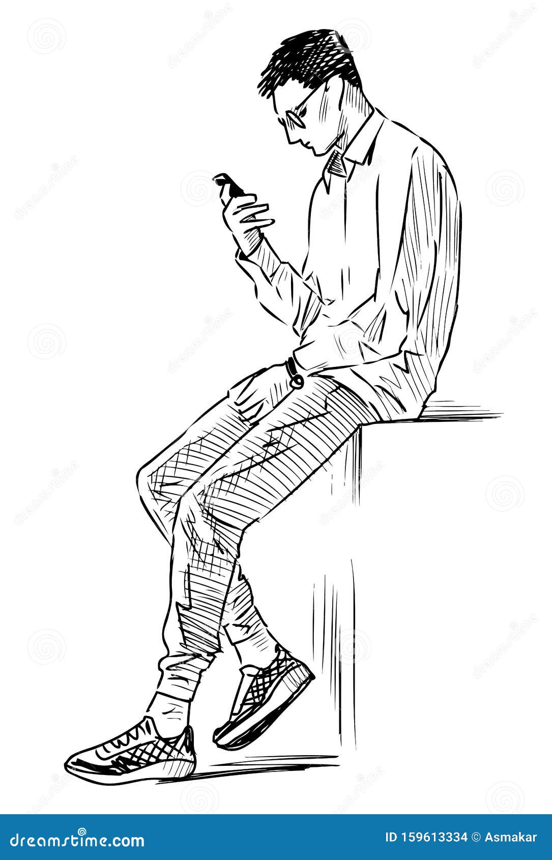 Sketch of Young Man Sitting and Looking at His Smartphone Stock Vector ...