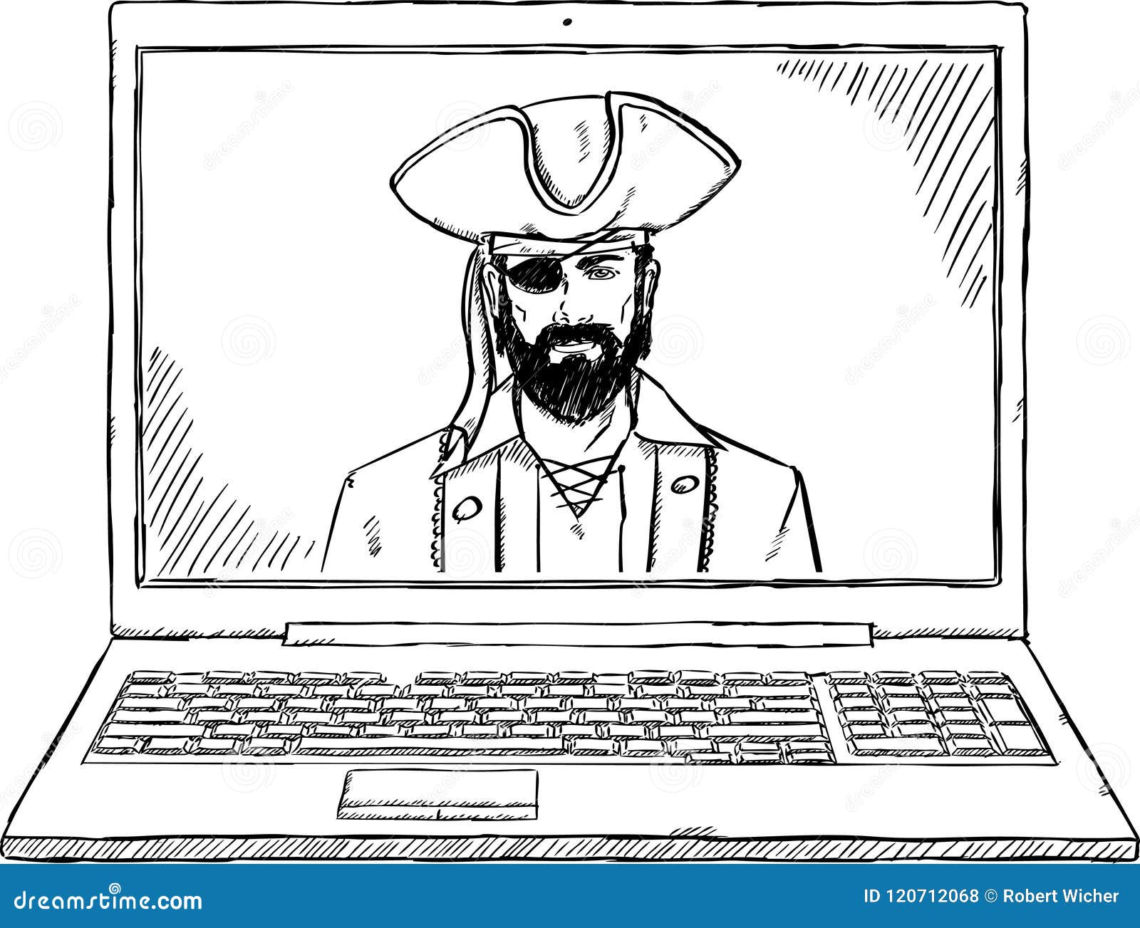 Sketch Style Doodle of Computer Pirate Hacking Laptop Stock Vector ...
