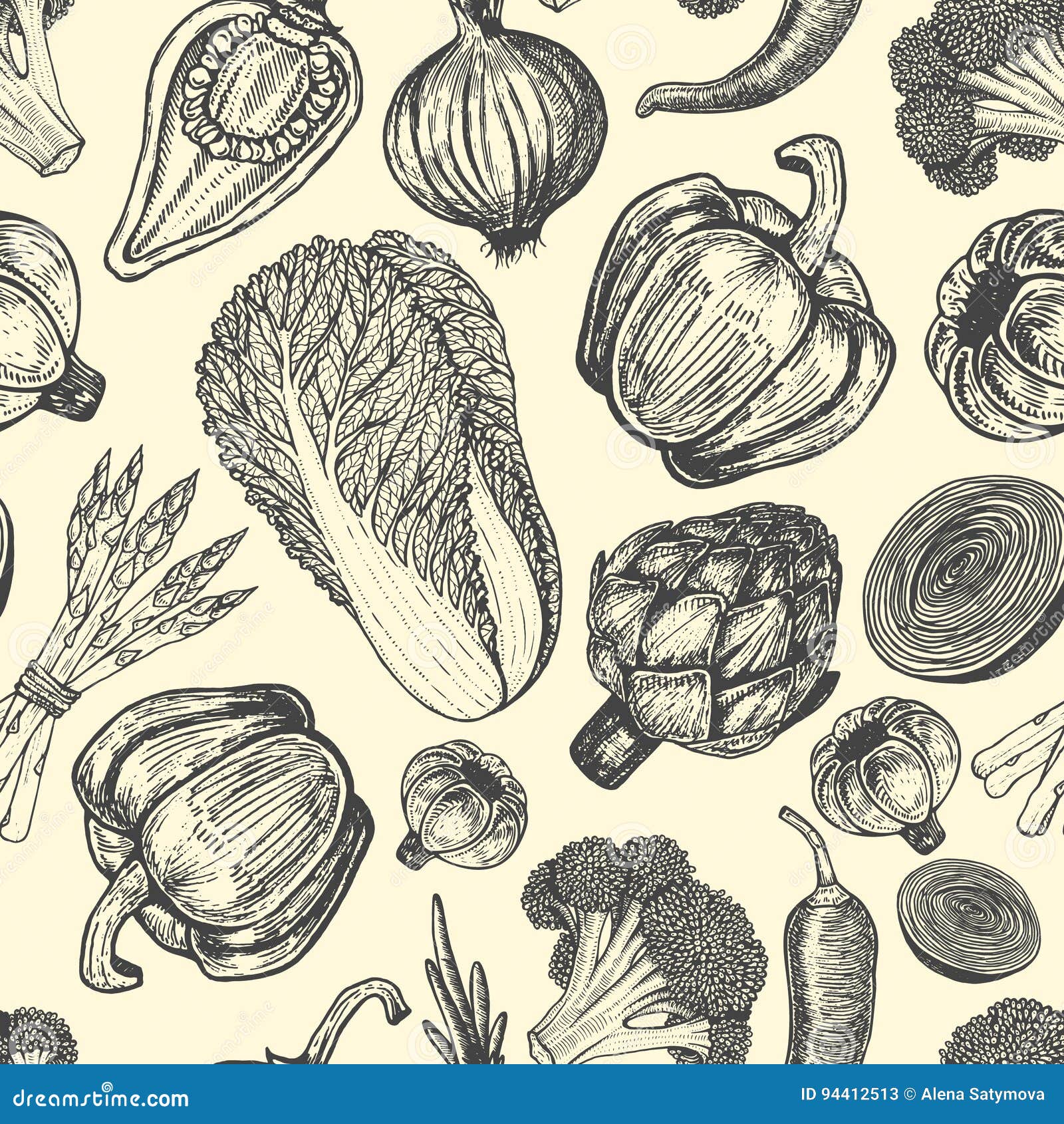 Sketch Style Fresh Vegetables. Seamless Pattern with Set of Hand Drawn ...