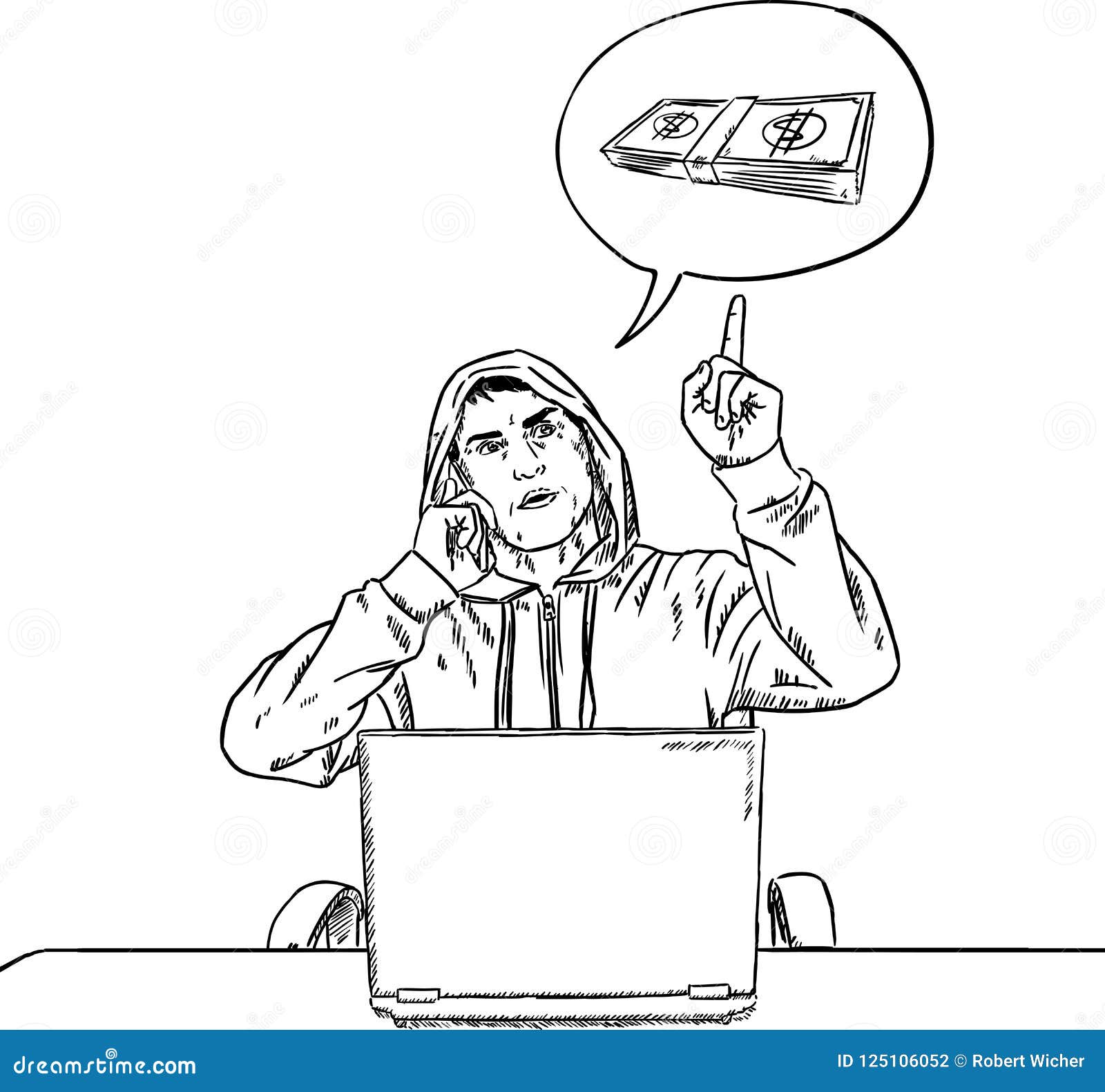 Sketch Style Doodle of Hacker Talking on Mobile Phone and Pointing at ...