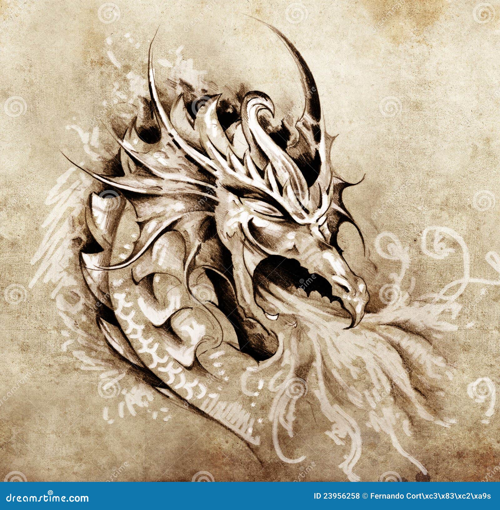 Sketch of Tattoo Art, Anger Dragon with White Fire Stock Illustration ...