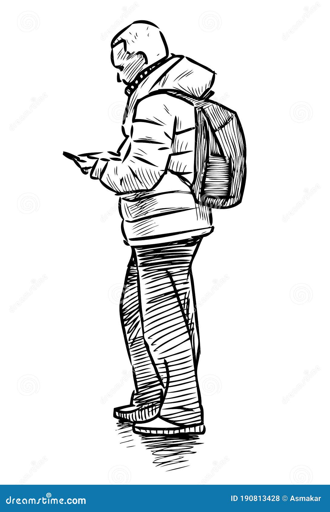 Sketch of Tourist Man with Smartphone Walking Outdoors Stock Vector ...