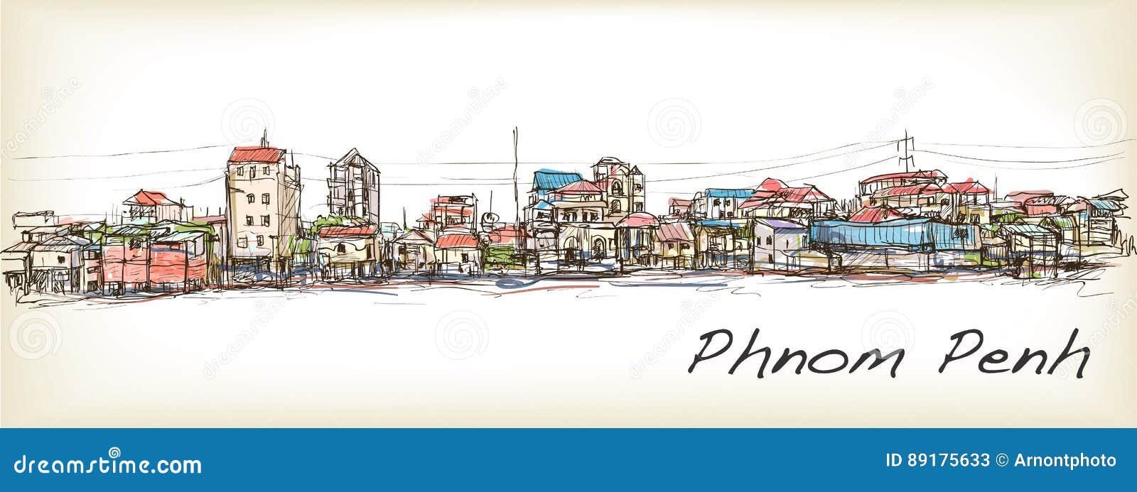 Sketch Of Townscape In Phnom Penh Slum, Free Hand Draw Cartoon Vector ...