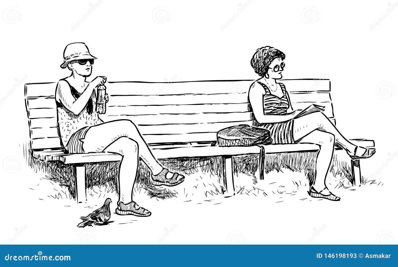 Sketch of Townswomen Resting on a Park Bench Stock Vector ...