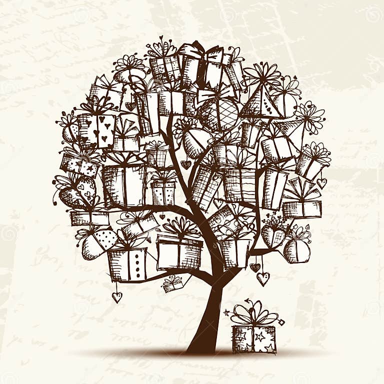 Sketch Tree with Gift Boxes for Your Design Stock Illustration ...