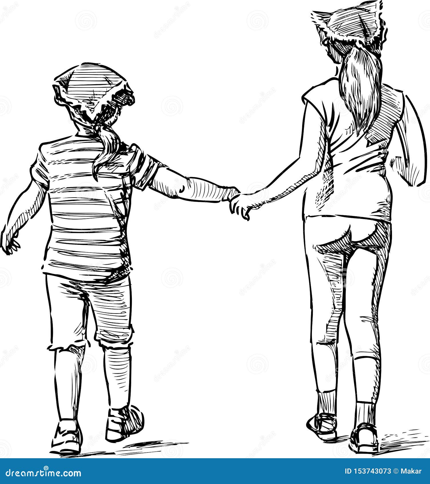 Sketch of Two Little Girls Going for a Stroll Stock Vector ...