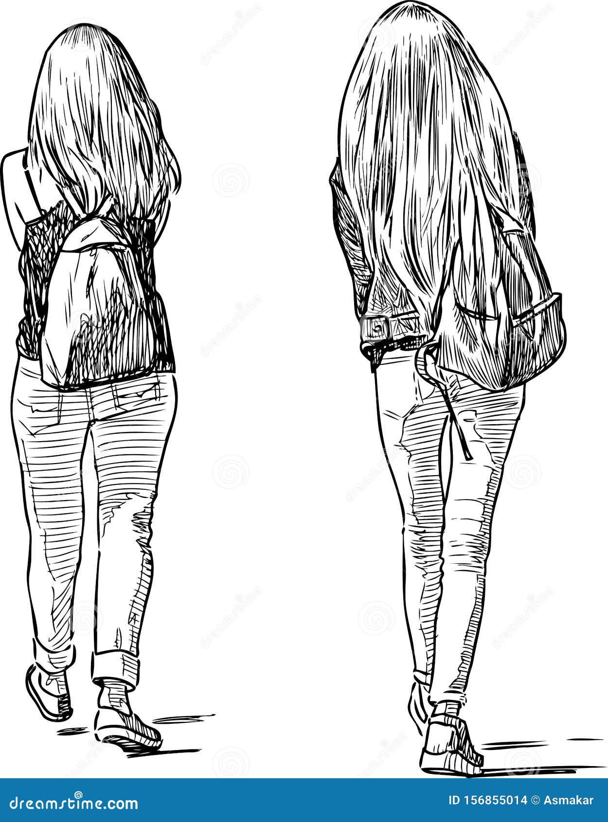 Sketch of Two Students Girls Going on a Stroll Stock Vector ...