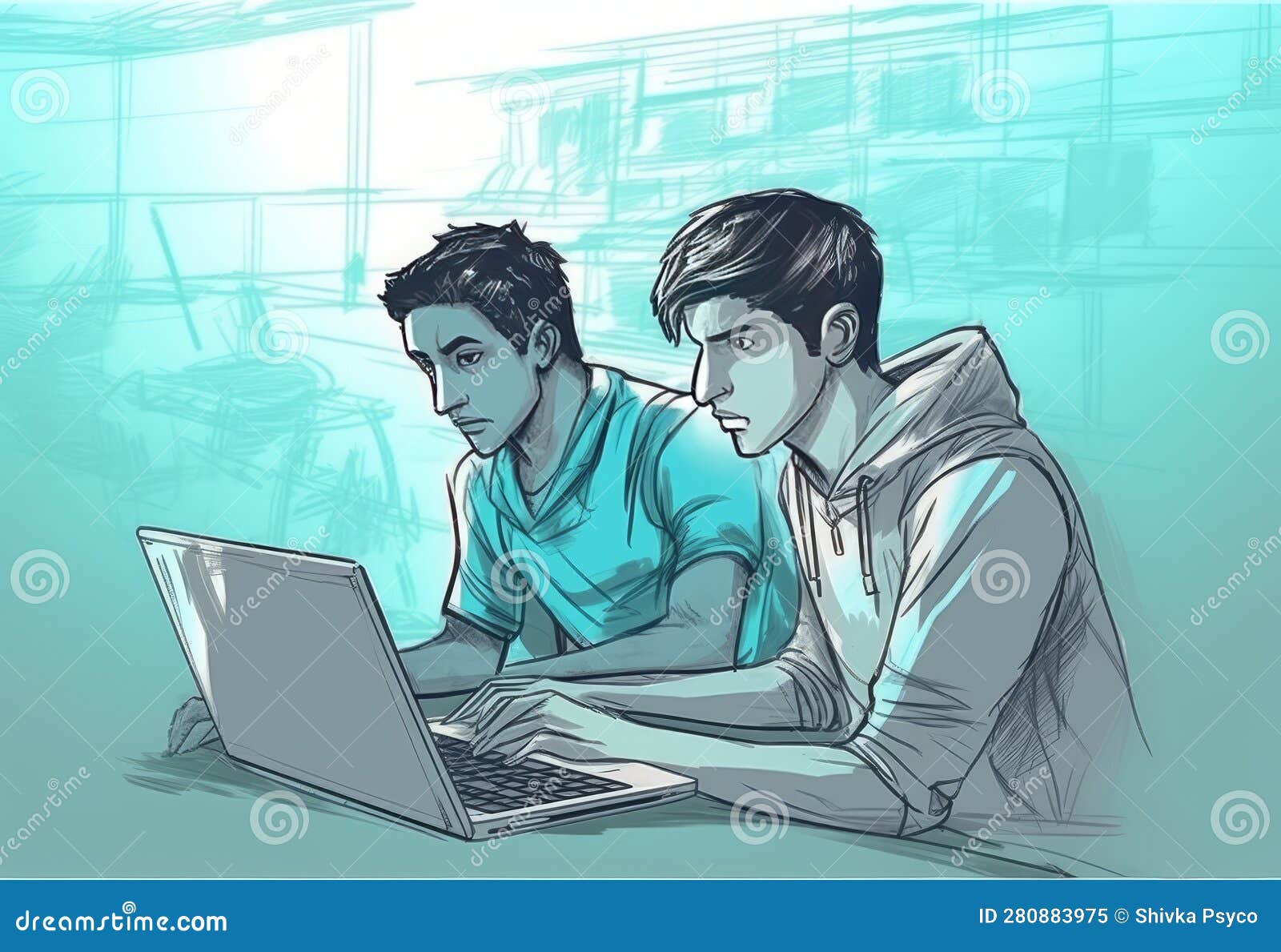 Sketch of Two Students Operating Laptop Generative AI Stock ...