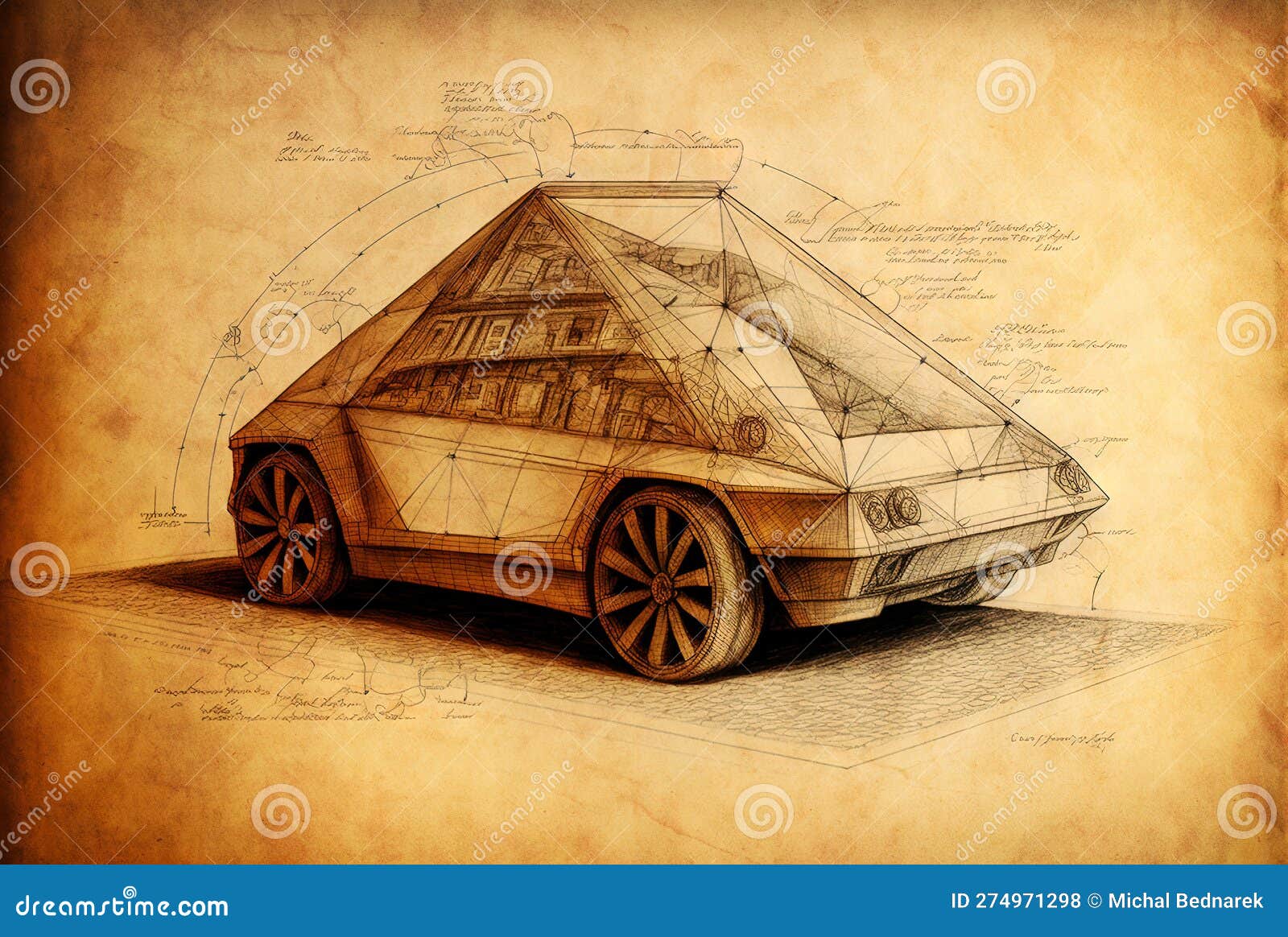 Sketch of Vintage Car Prototype Design, Leonardo Da Vinci Inspired ...