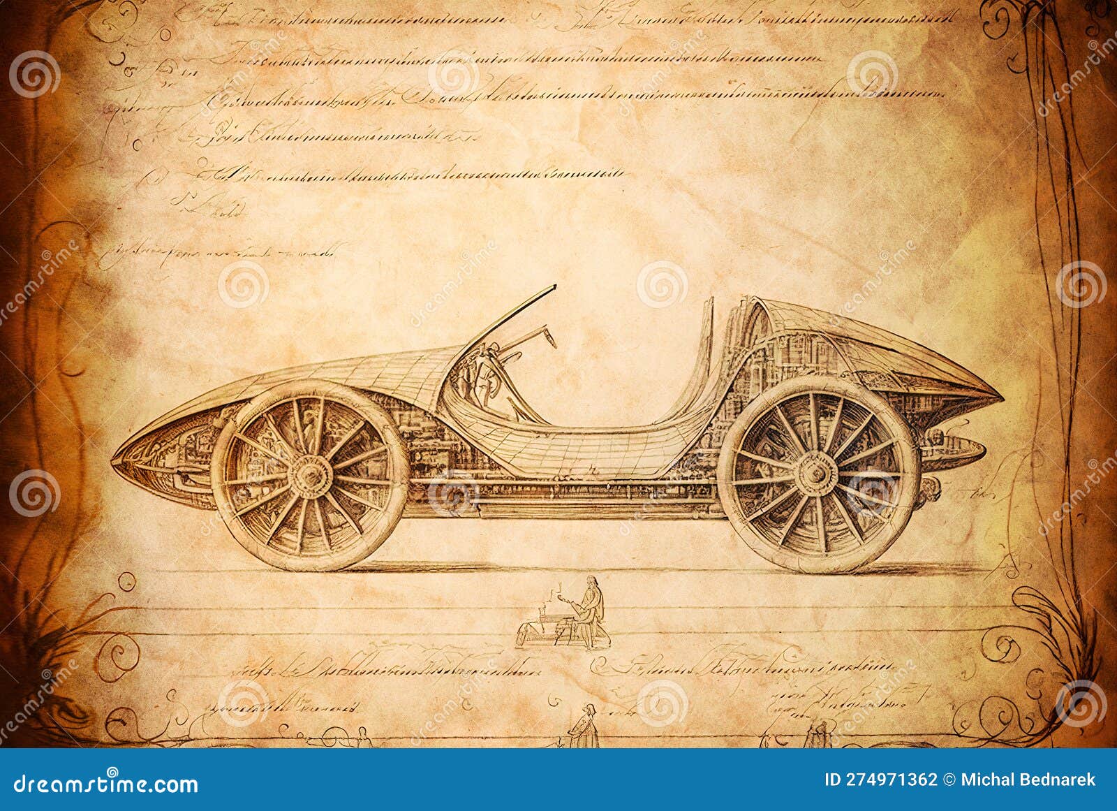 Sketch of Vintage Car Prototype Design, Leonardo Da Vinci Inspired ...