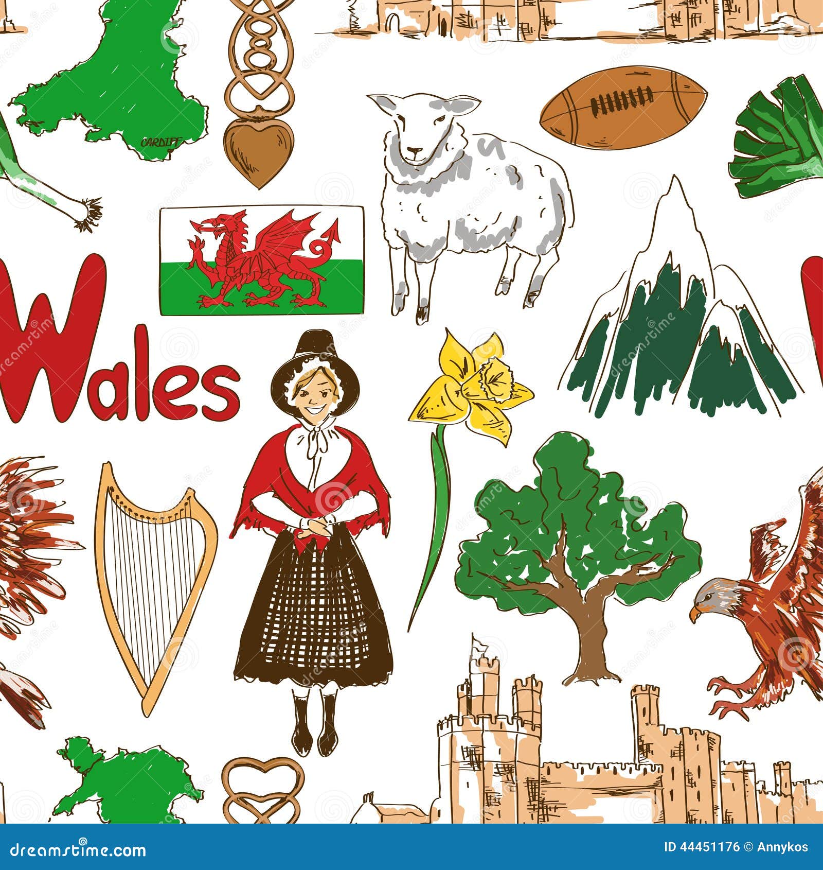 Sketch Wales Seamless Pattern Stock Vector - Illustration of lamb ...