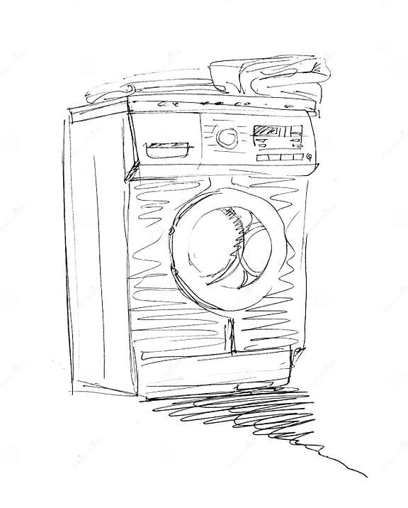 Sketch of Washing Machine with a Stack of Ironed Clothes on it. Stock ...