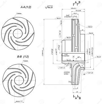 Sketch of Wheel with Section and Blades Stock Vector - Illustration of ...