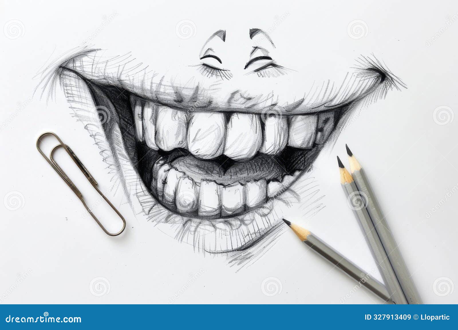 Sketch of a Wide, Exaggerated Smile with Large Teeth, Creating a ...
