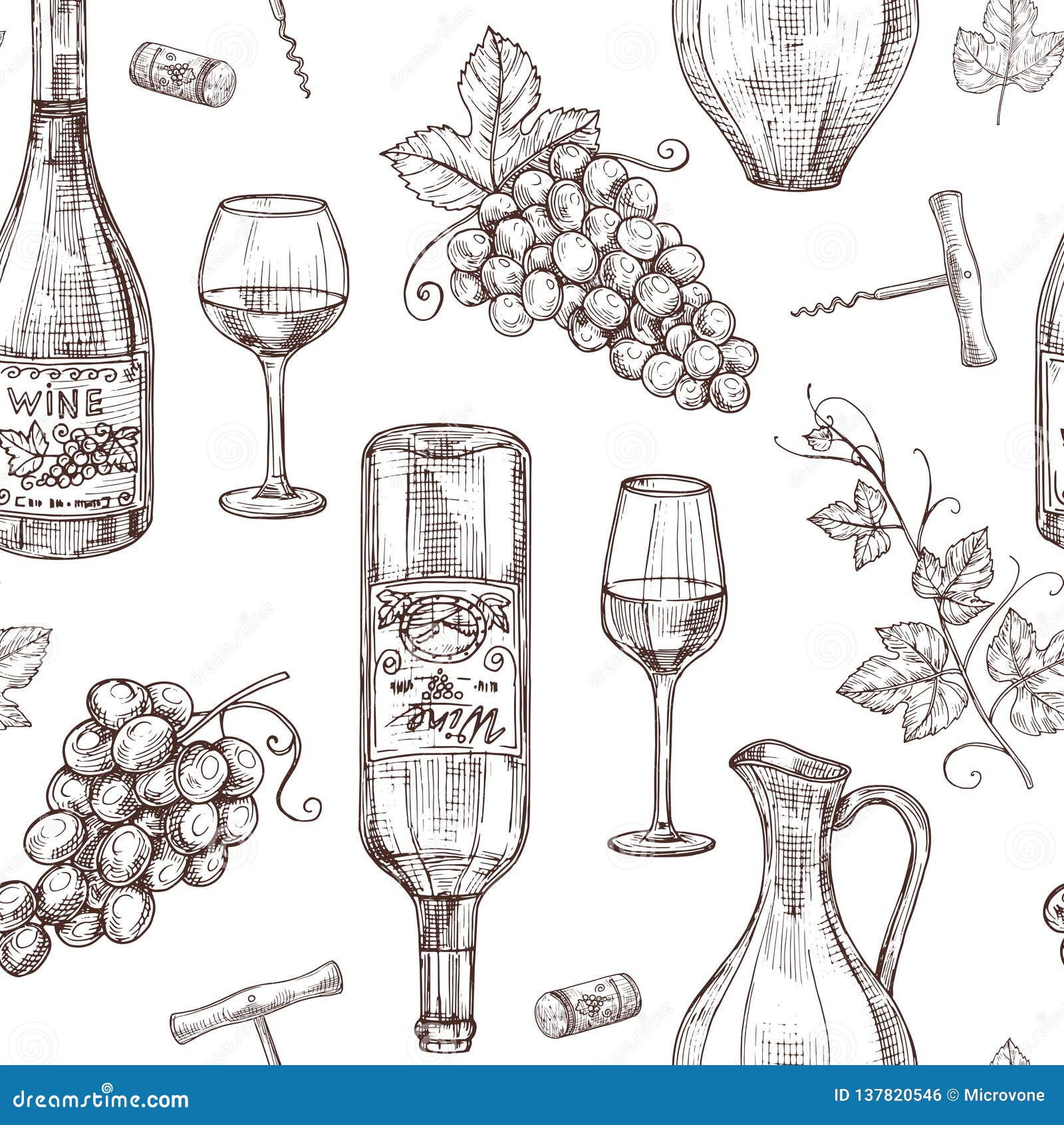 Sketch Wine. Drawing Drinks, Grapes, Bottles Seamless Border. Alcoholic ...