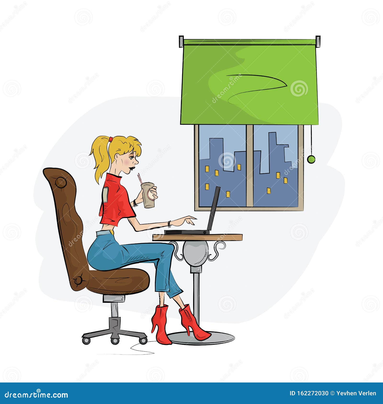Sketch Of Woman Working On Lap Top Using Pen Tablet Stock Vector
