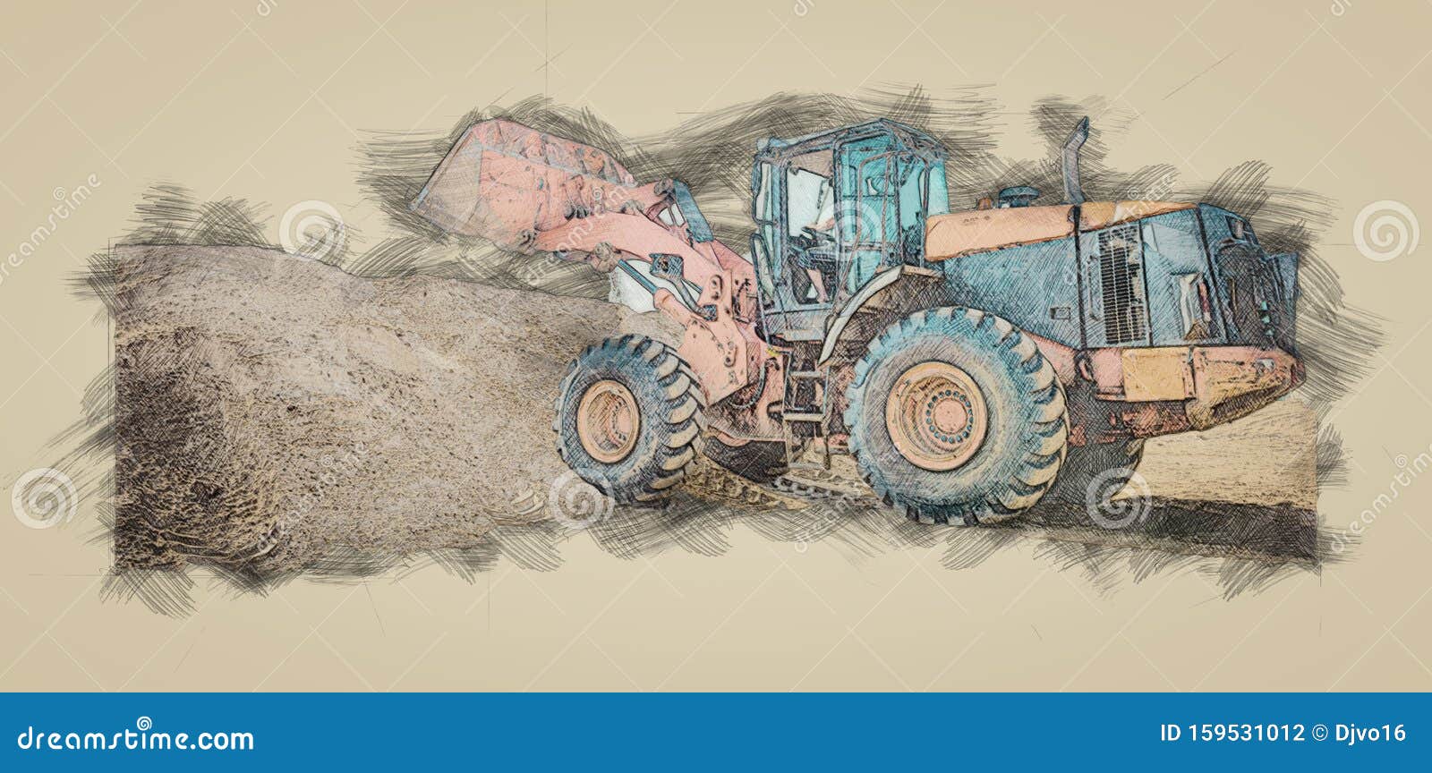 Sketch of Yellow Excavator on a Construction Site. Wheel Loader at ...