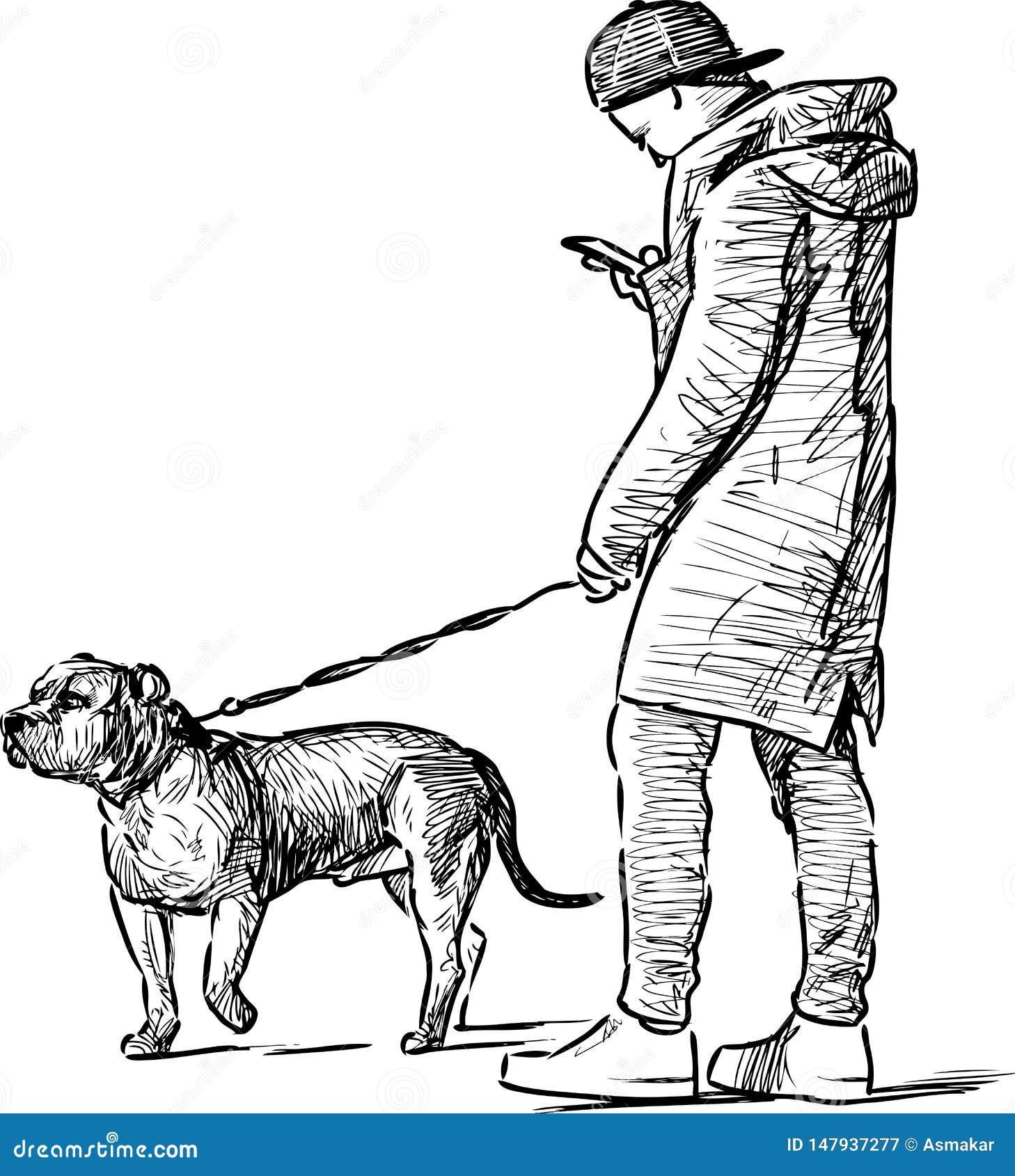 Man Walking Dog Drawing