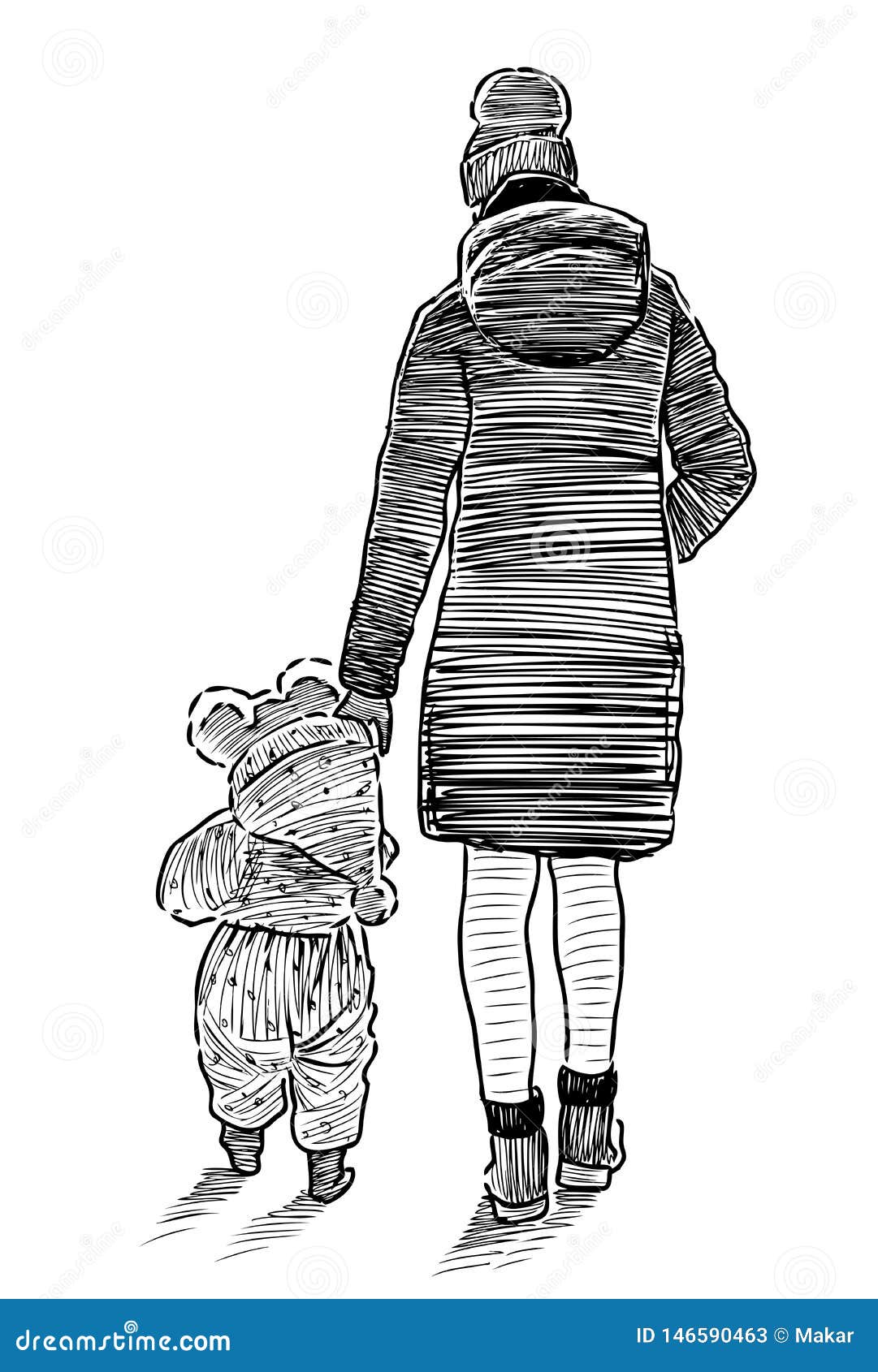 Sketch of a Young Mother with Her Kid Going on a Stroll Stock Vector ...