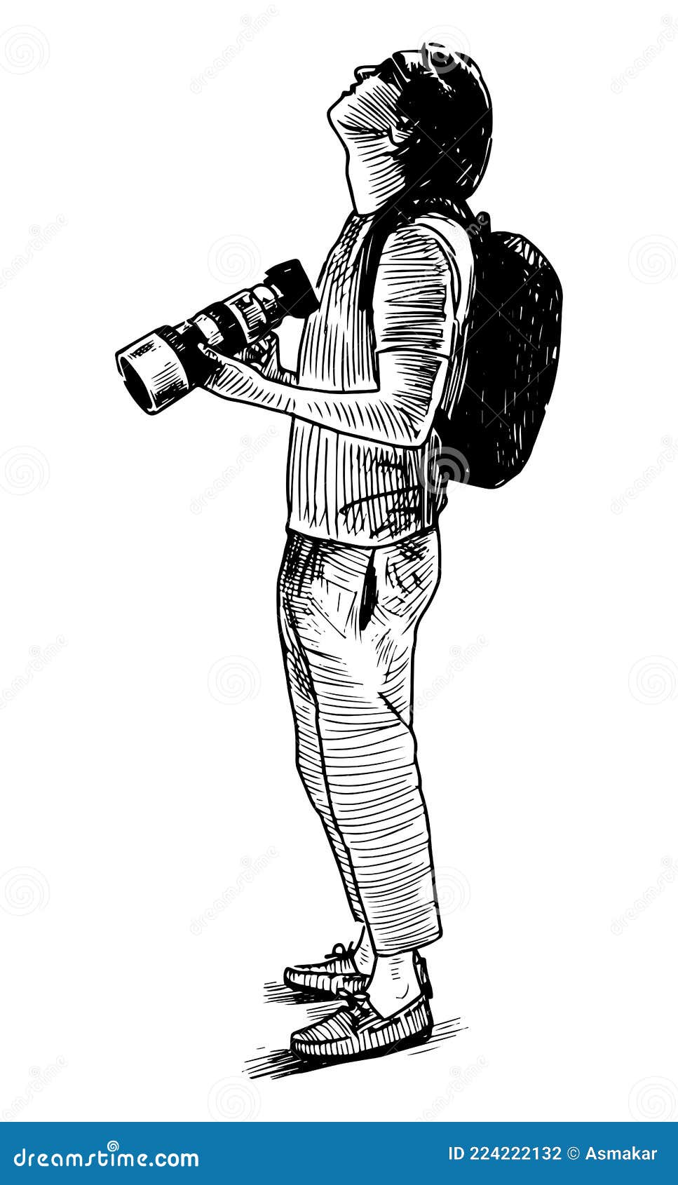 Sketch of Young Photographer with Backpack and Camera Standing and ...
