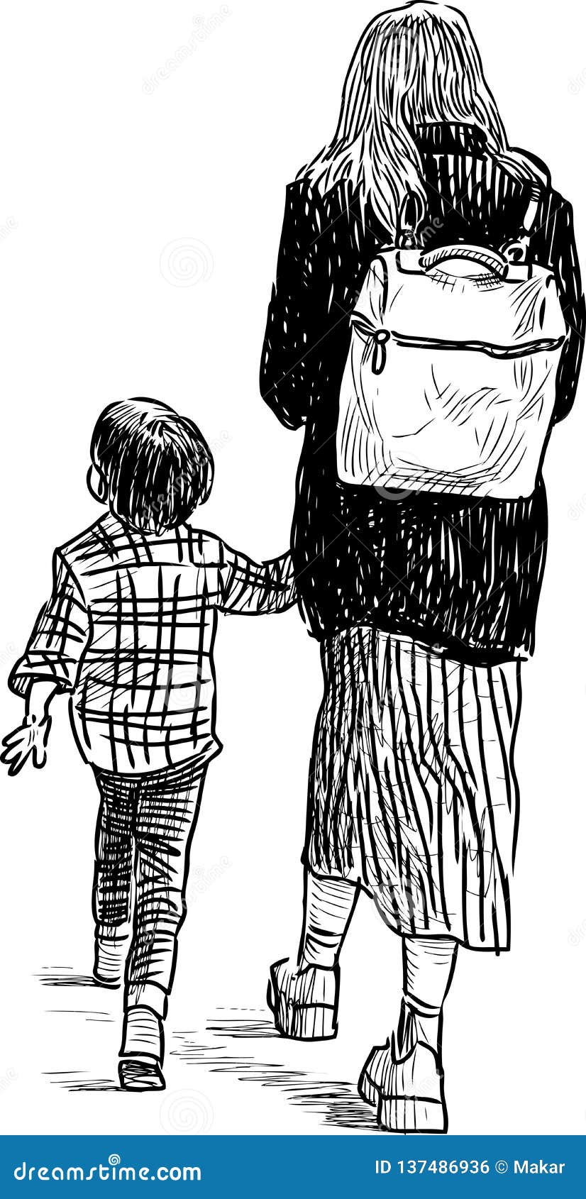 A Sketch of Young Woman with Her Kid Going on a Stroll Stock Vector ...