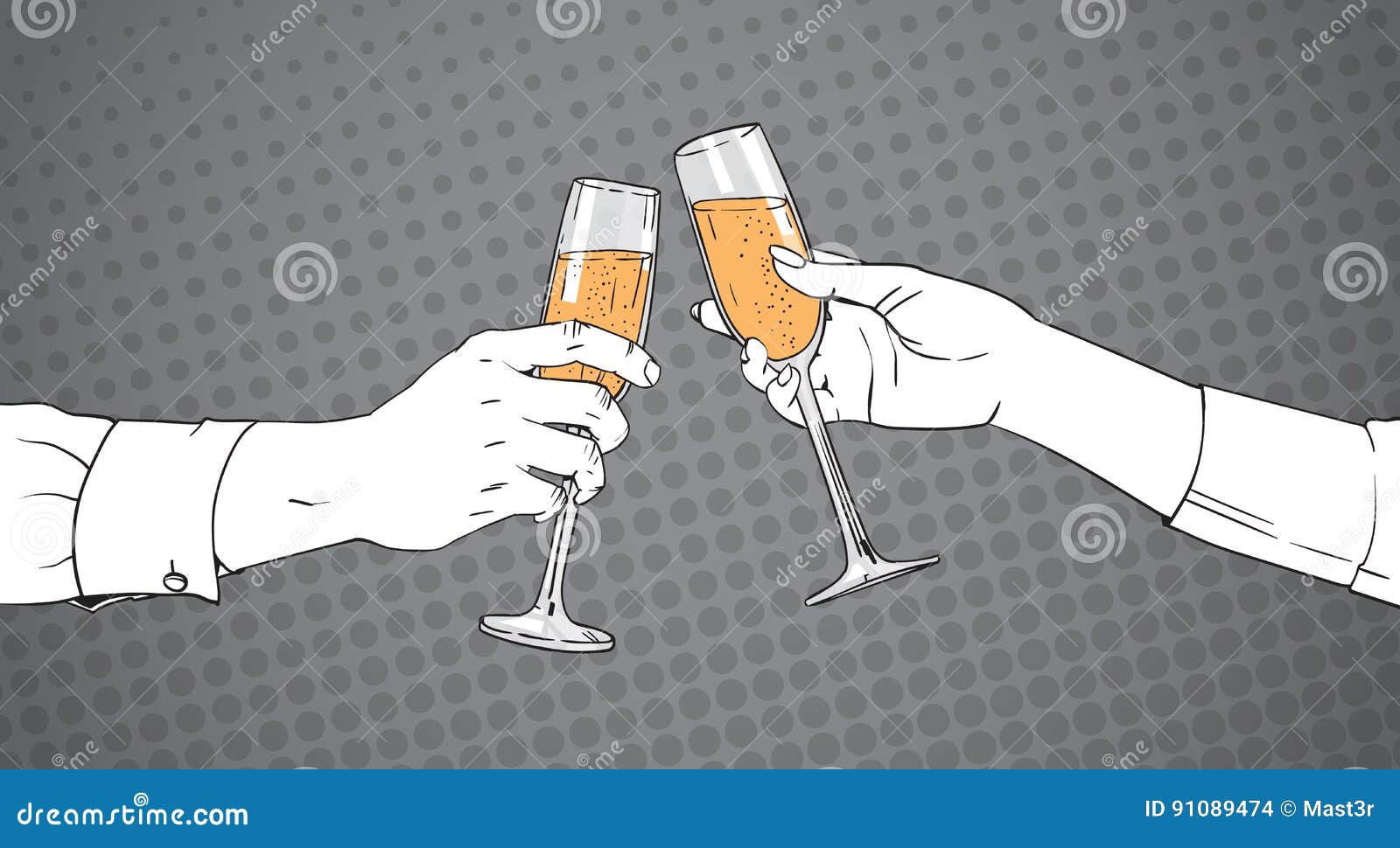Sketched Couple Hands Clinking Glass Of Champagne Wine Toasting Pop Art