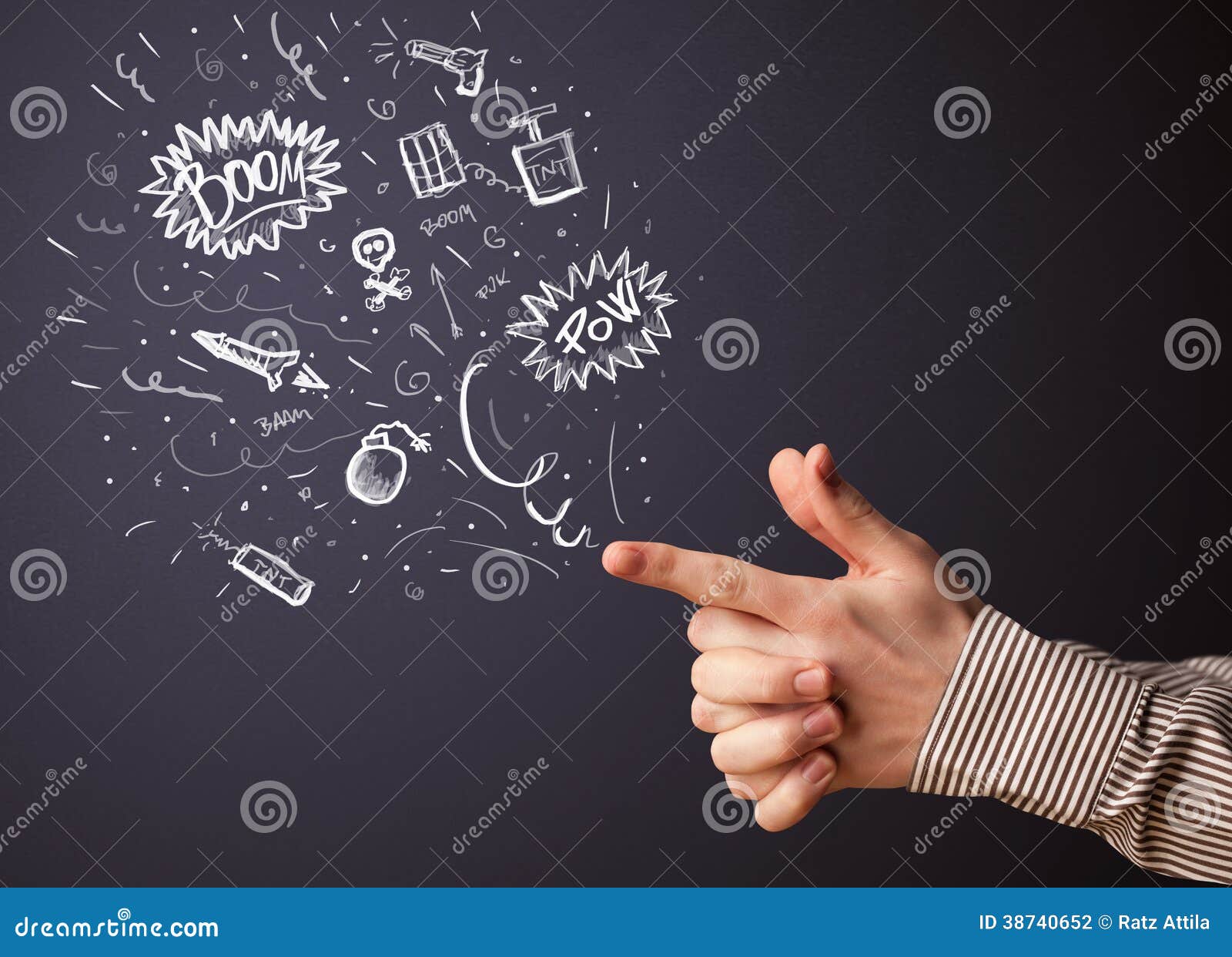 Sketched Explosives Coming Out of Gun Shaped Hands Stock Photo - Image ...
