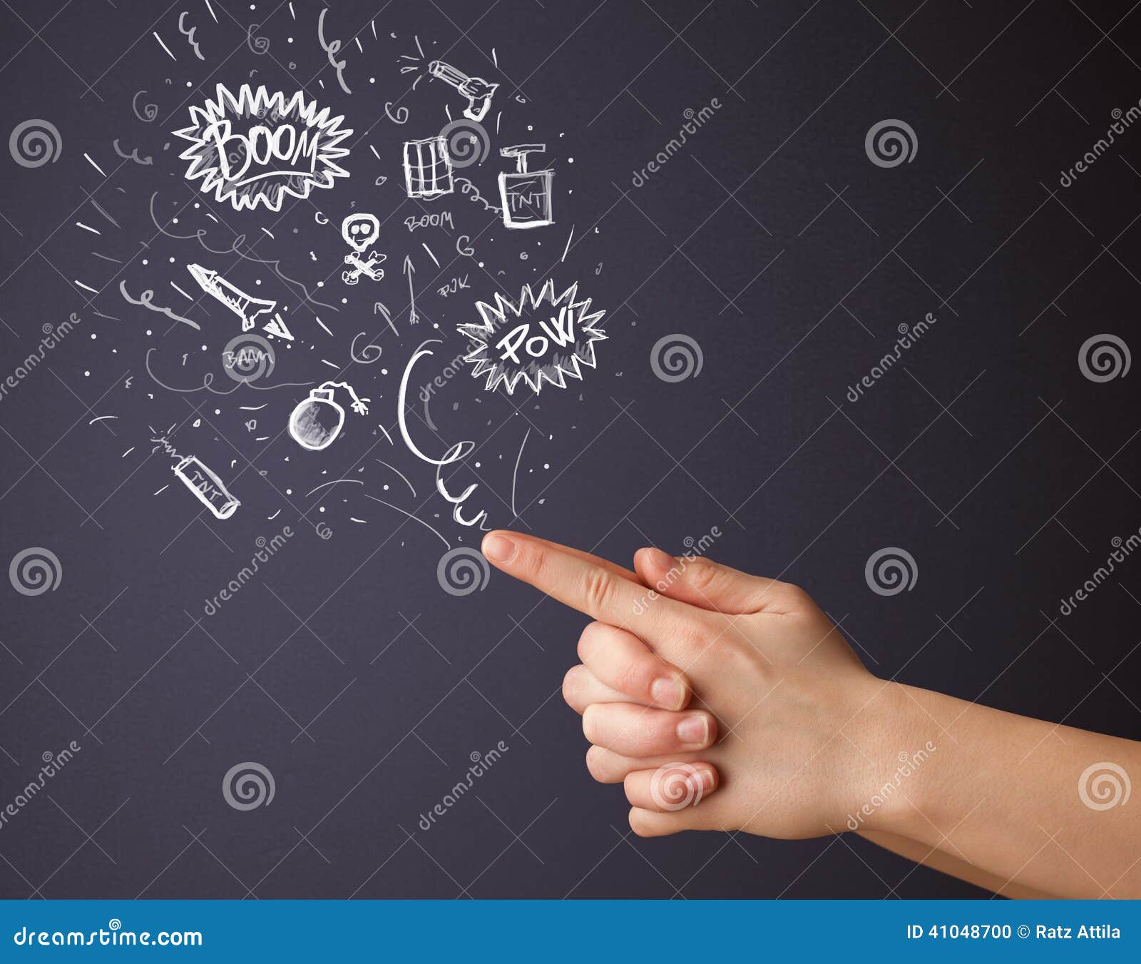 Sketched Explosives Coming Out of Gun Shaped Hands Stock Photo - Image ...