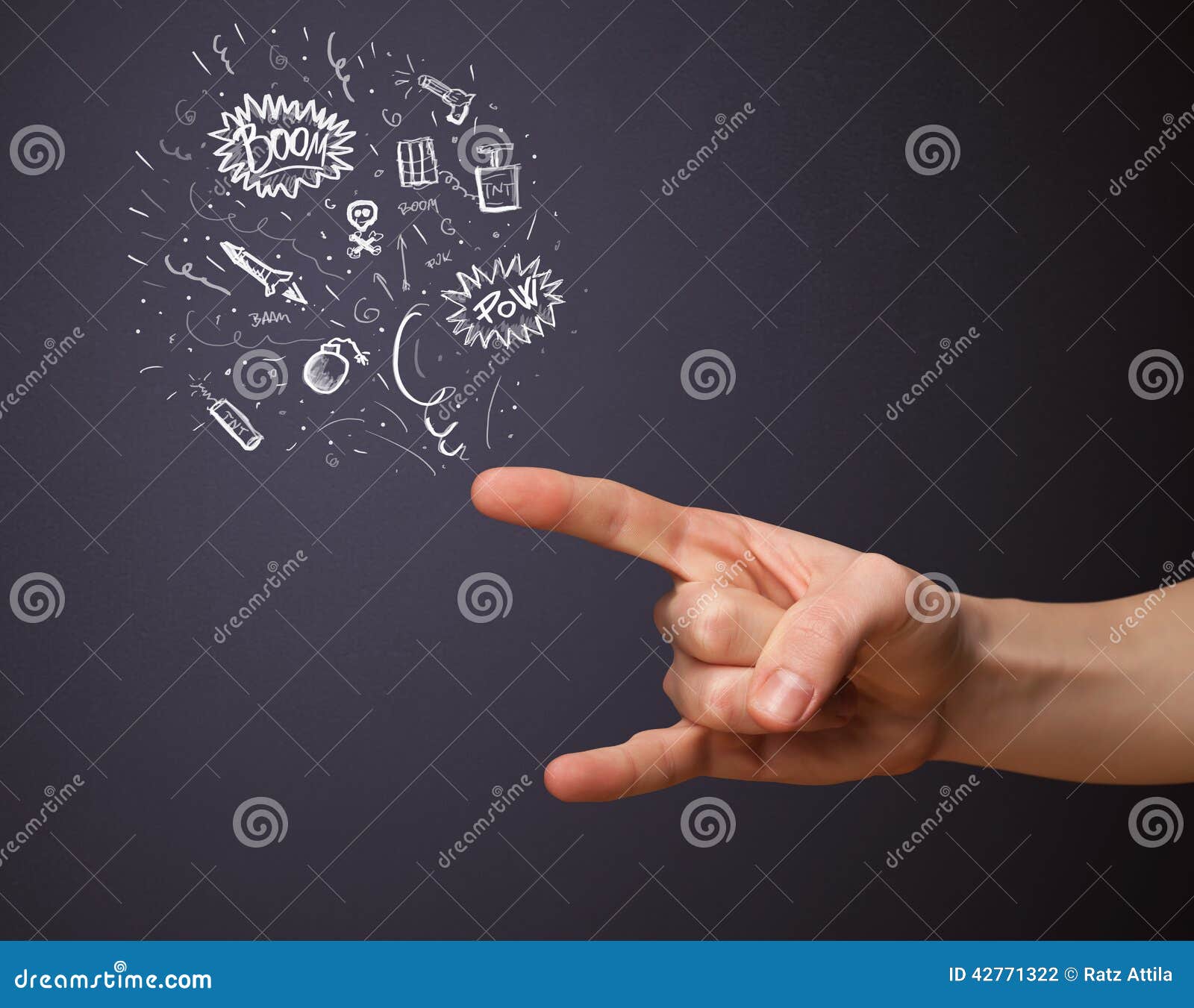 Sketched Explosives Coming Out of Gun Shaped Hands Stock Photo - Image ...