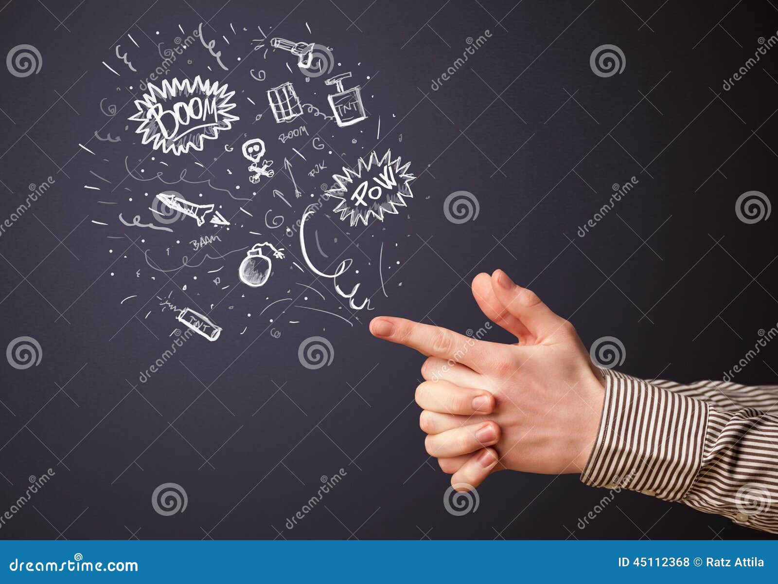 Sketched Explosives Coming Out of Gun Shaped Hands Stock Photo - Image ...