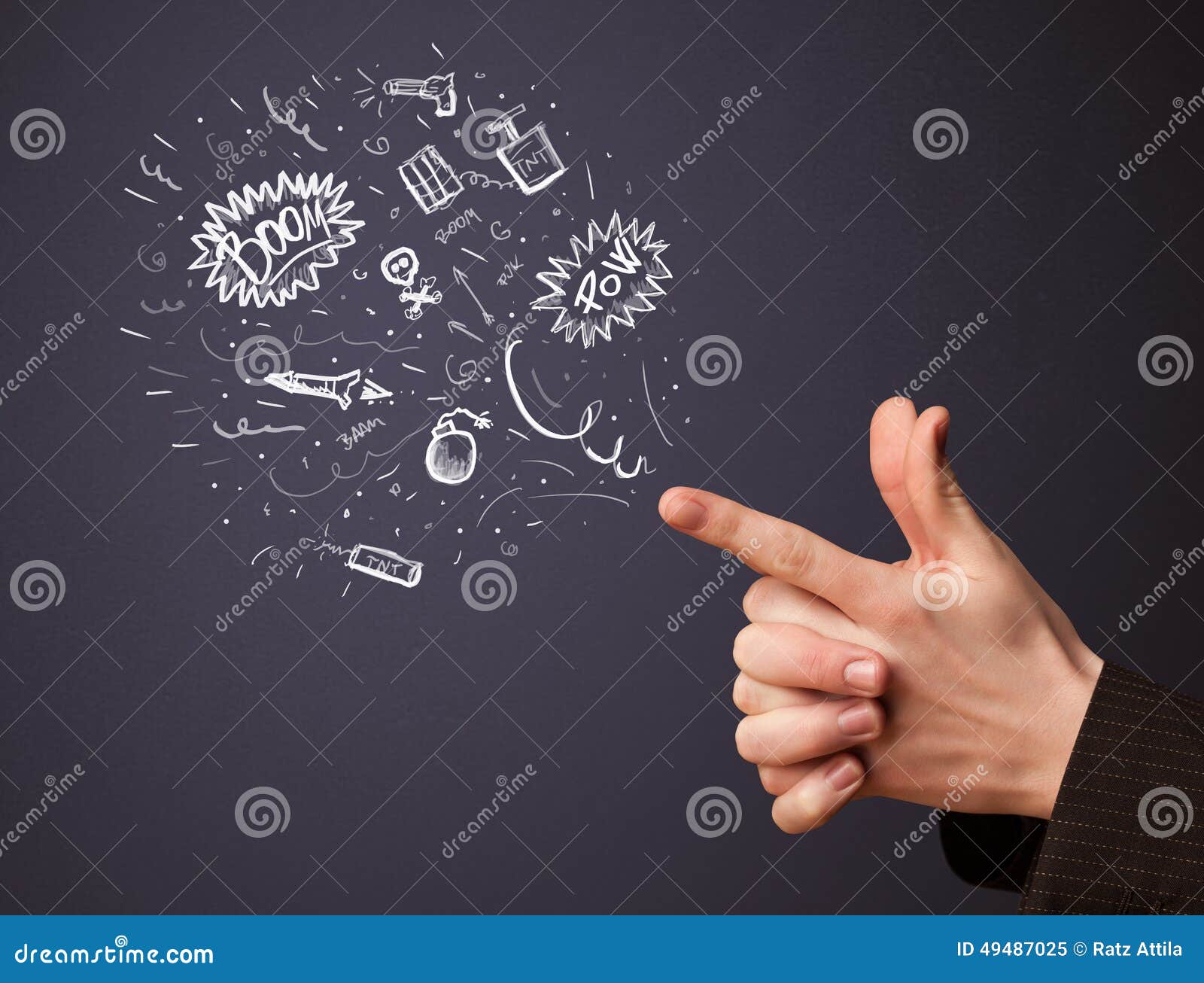Sketched Explosives Coming Out of Gun Shaped Hands Stock Image - Image ...