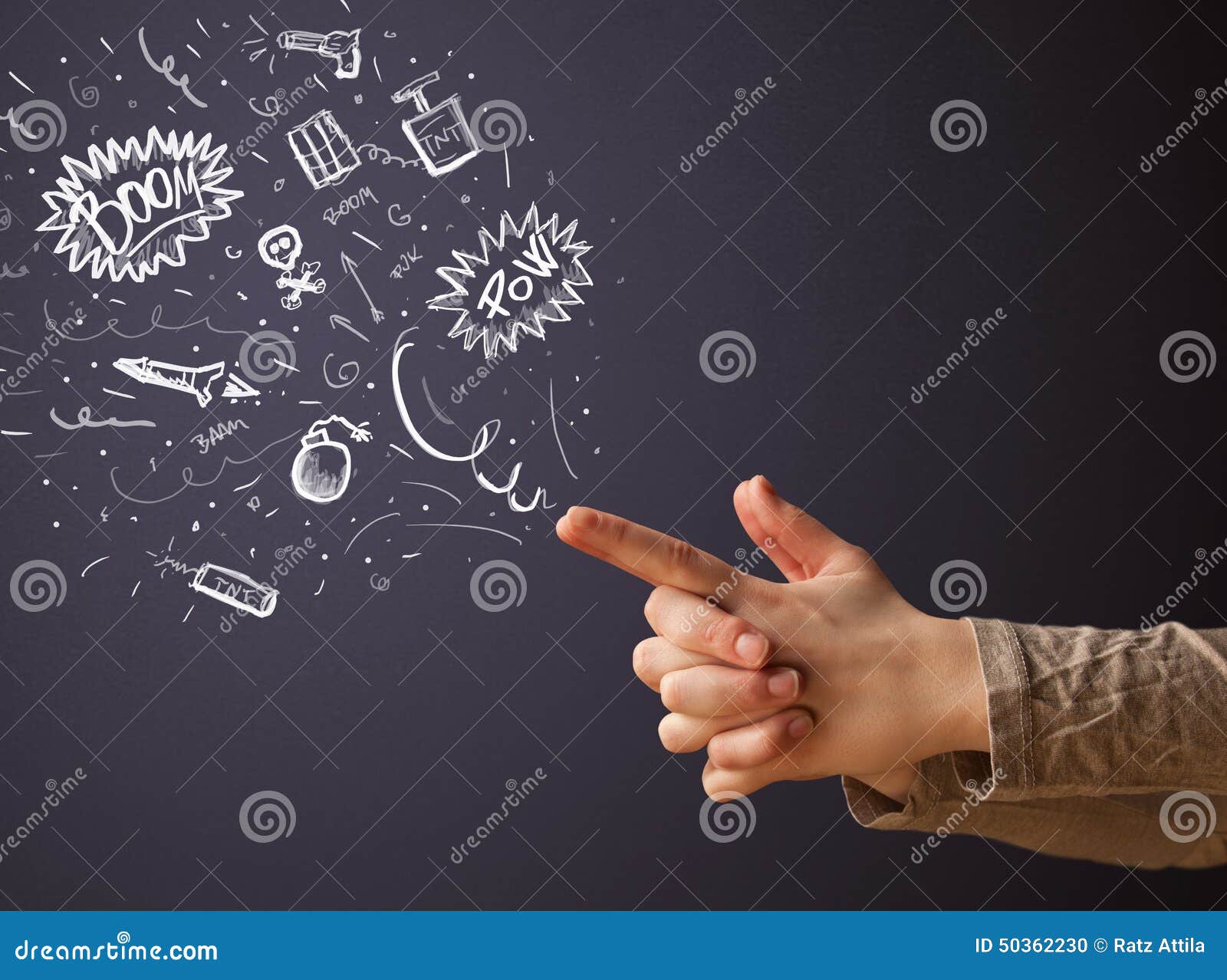 Sketched Explosives Coming Out of Gun Shaped Hands Stock Photo - Image ...