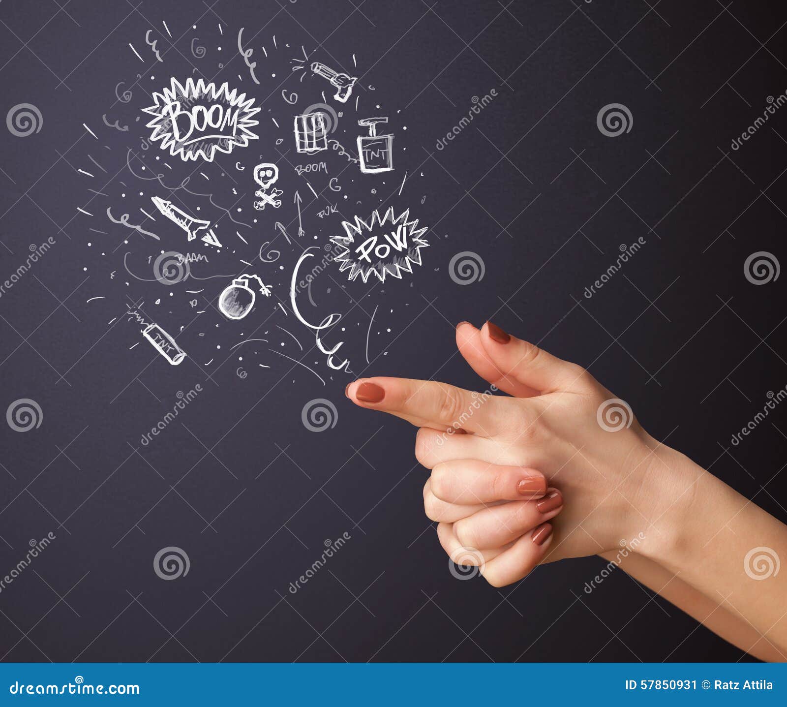 Sketched Explosives Coming Out of Gun Shaped Hands Stock Image - Image ...