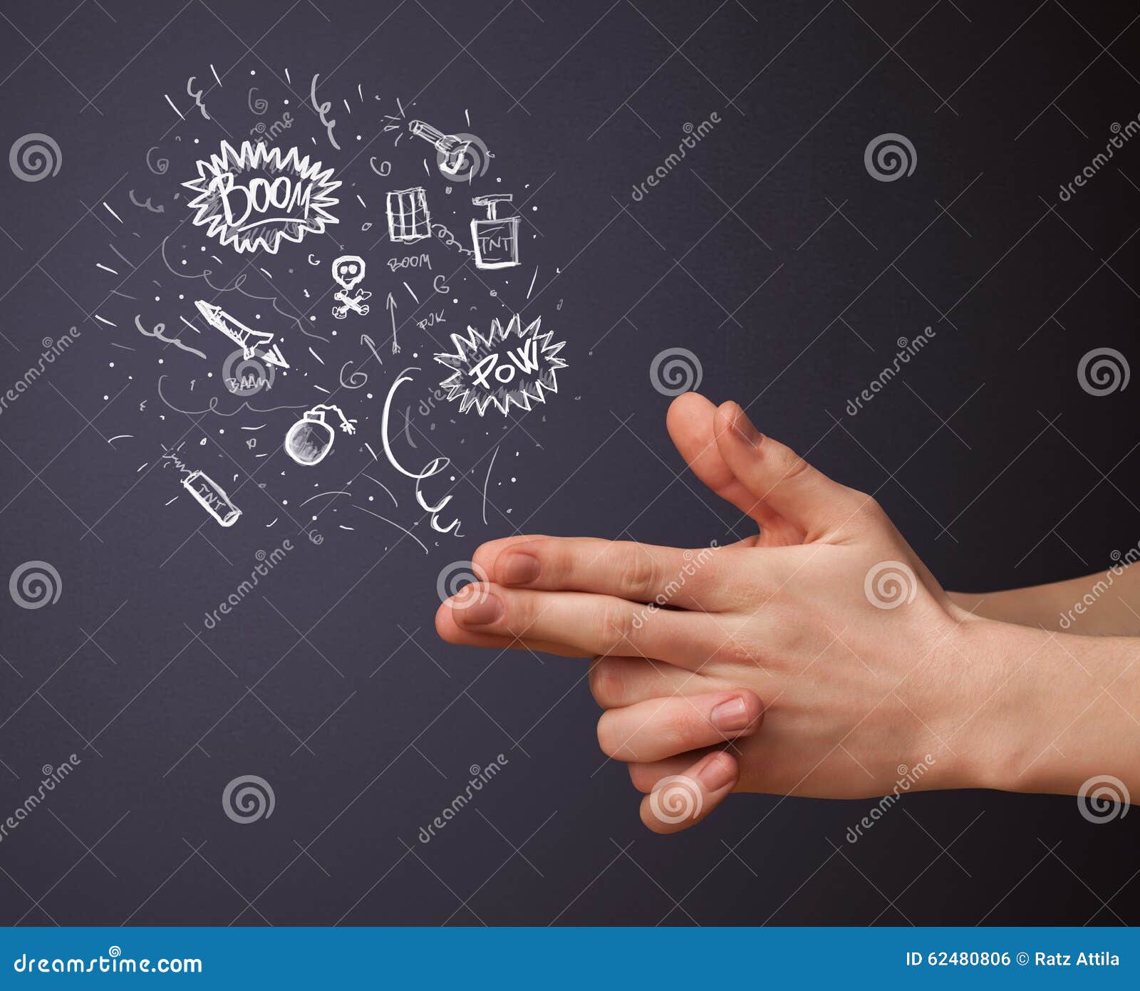 Sketched Explosives Coming Out of Gun Shaped Hands Stock Photo - Image ...