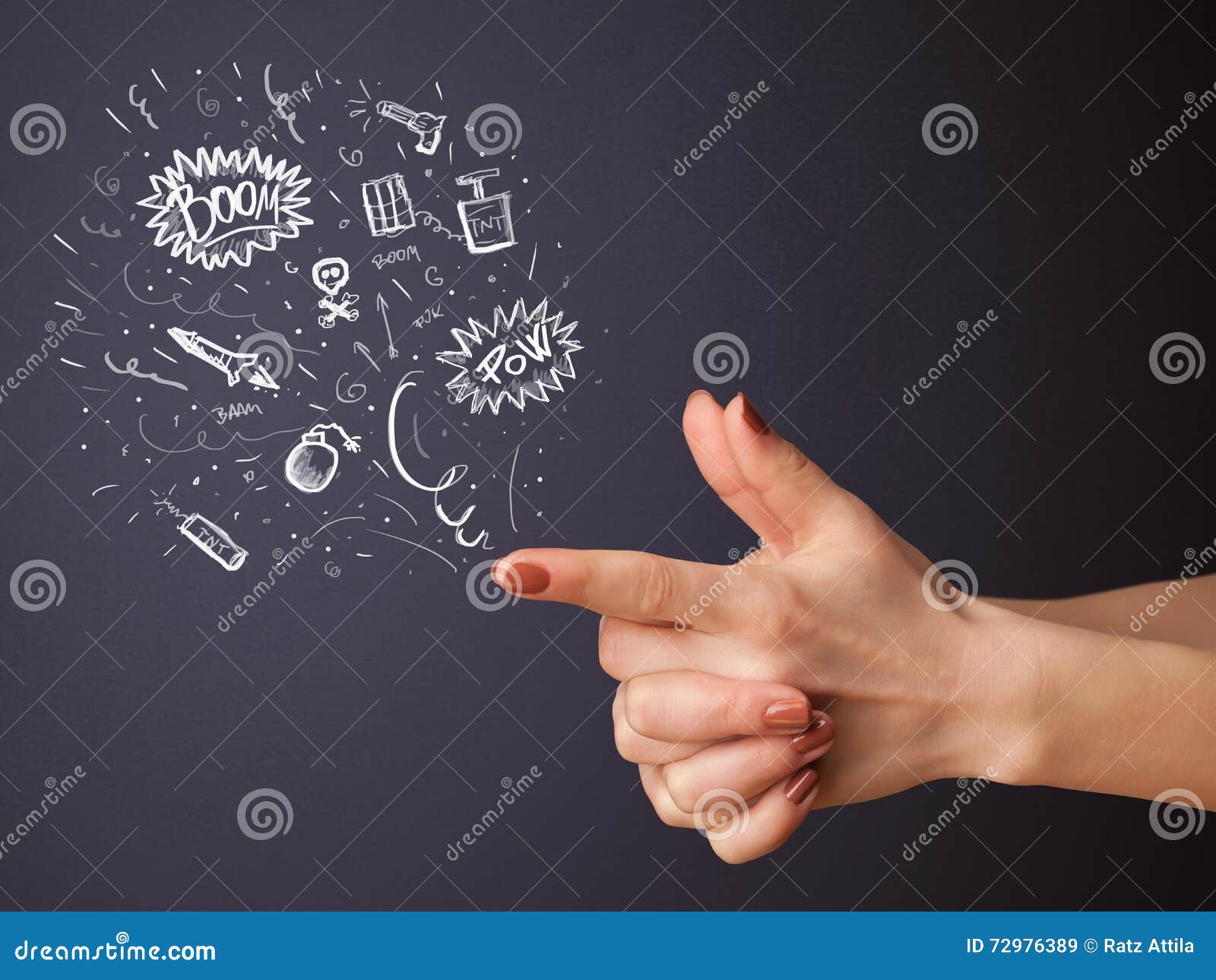 Sketched Explosives Coming Out of Gun Shaped Hands Stock Image - Image ...