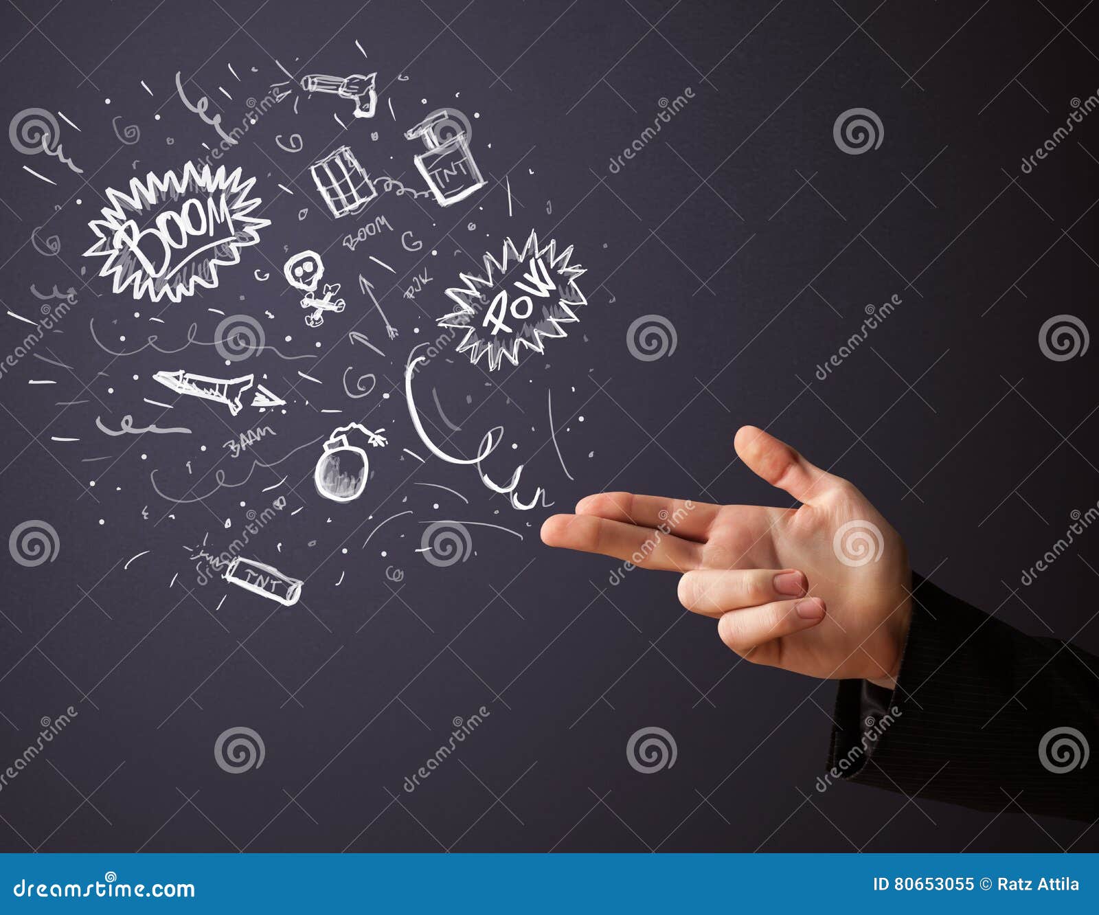 Sketched Explosives Coming Out of Gun Shaped Hands Stock Image - Image ...
