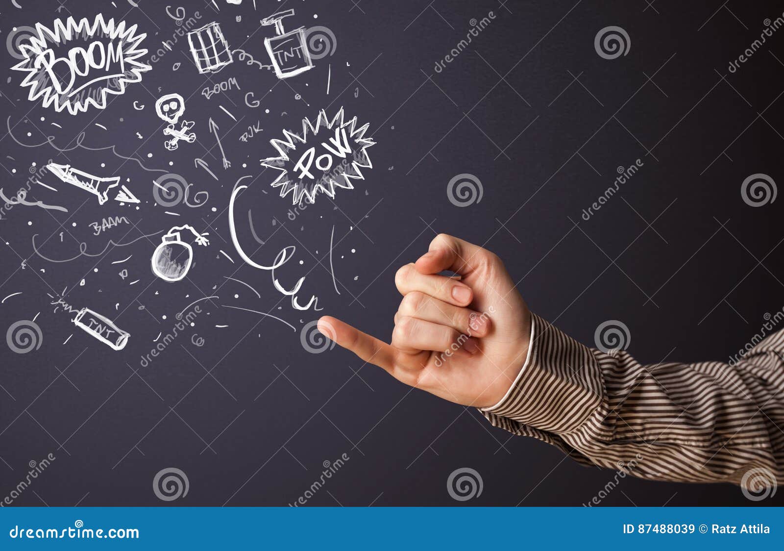 Sketched Explosives Coming Out of Gun Shaped Hands Stock Image - Image ...