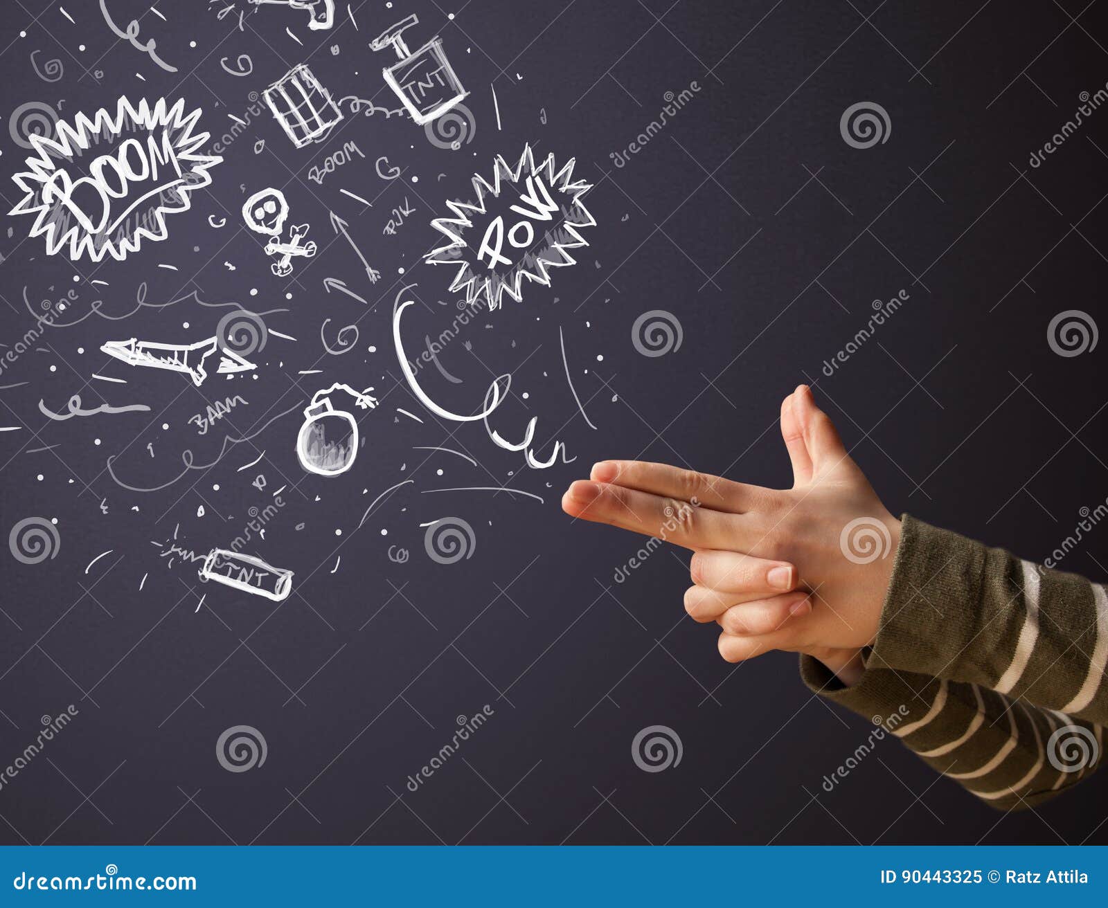 Sketched Explosives Coming Out of Gun Shaped Hands Stock Image - Image ...