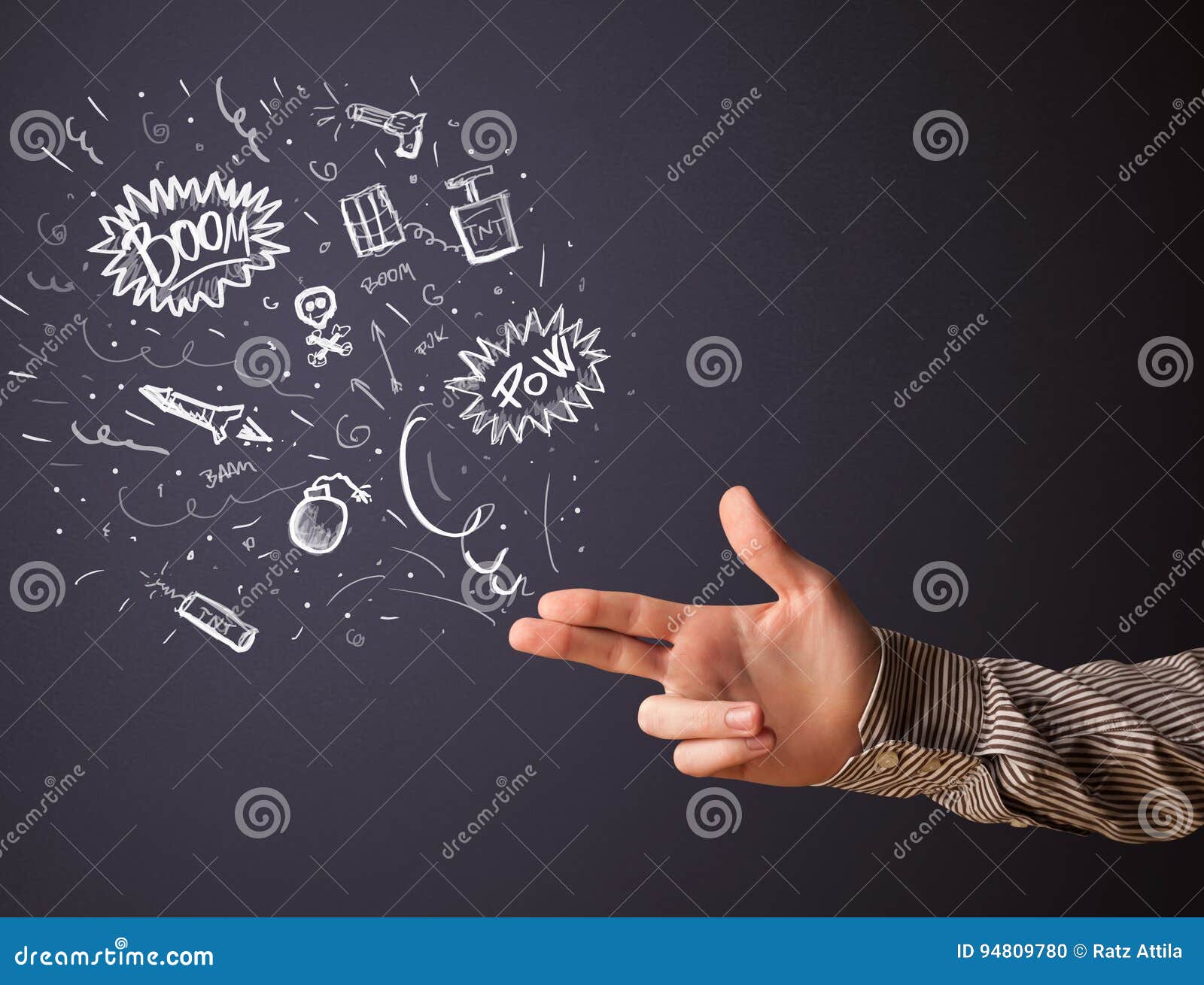 Sketched Explosives Coming Out of Gun Shaped Hands Stock Photo - Image ...