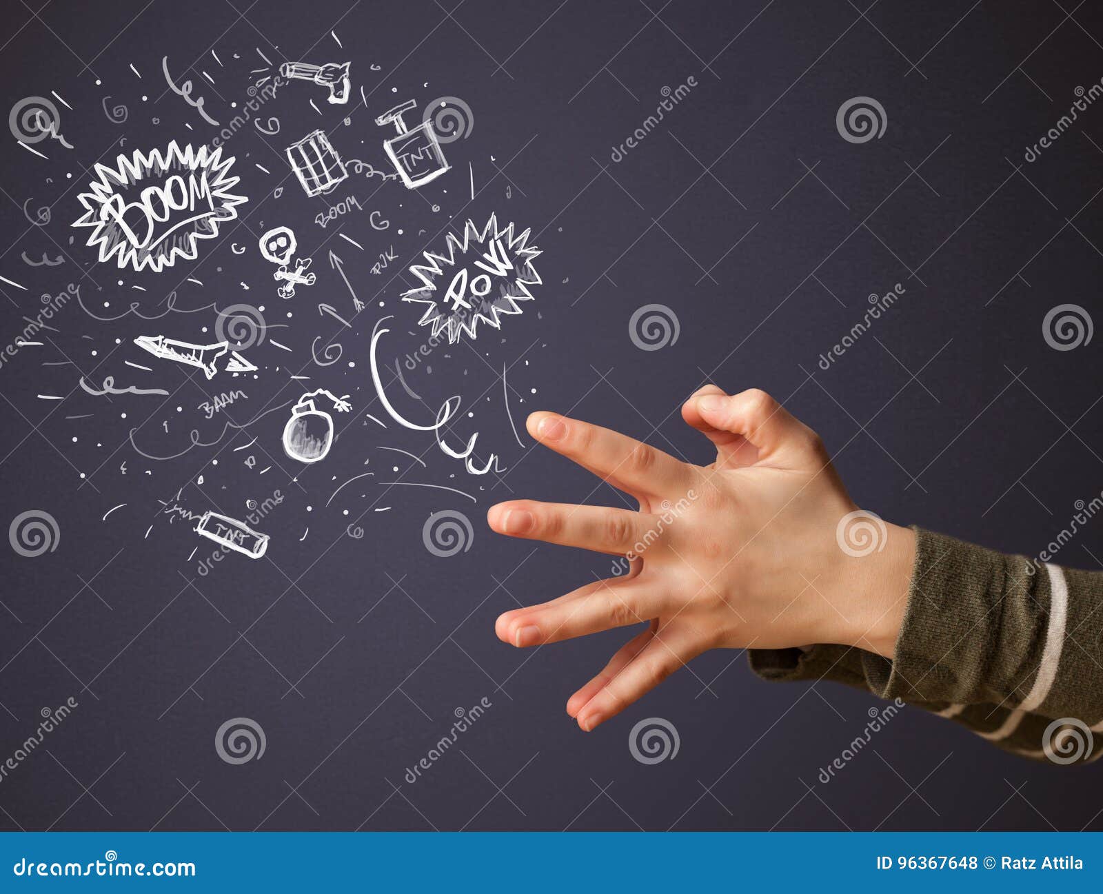 Sketched Explosives Coming Out of Gun Shaped Hands Stock Photo - Image ...