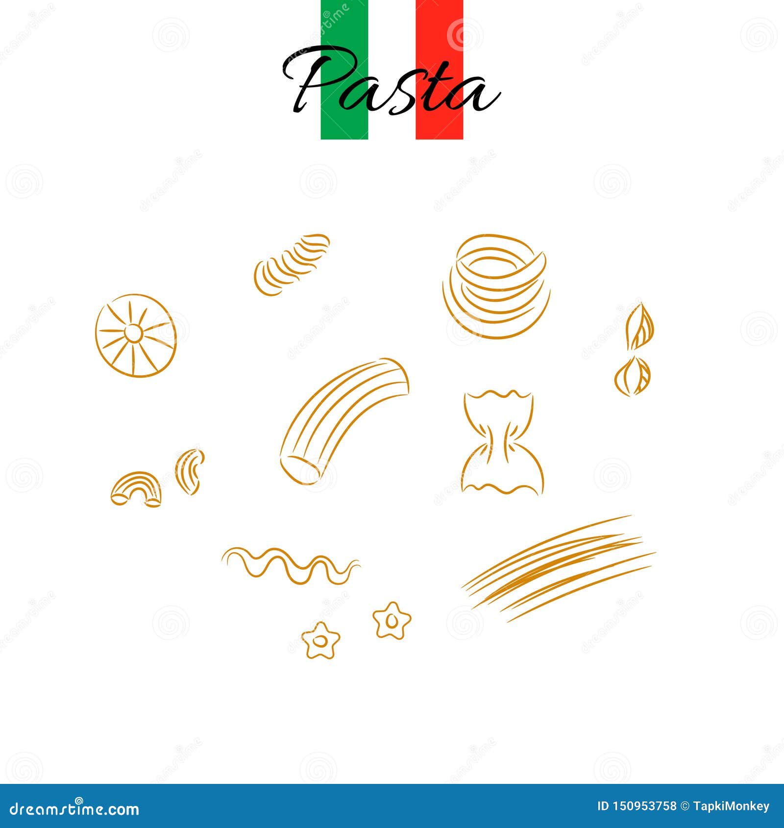 Sketched Outlined Pasta Types Vector Set. Stock Vector - Illustration ...