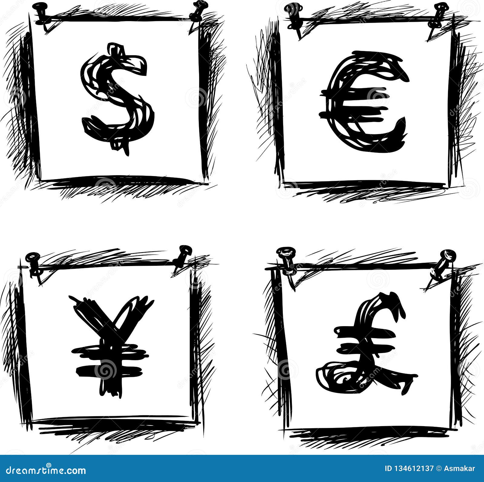 Sketches of Currency Symbols on Notepaper Sheets Stock Vector ...