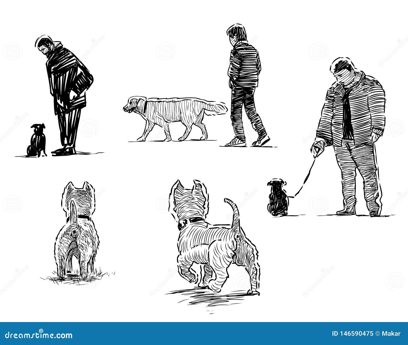 Sketches of Dogs on Walk with Their Owners Stock Vector - Illustration ...