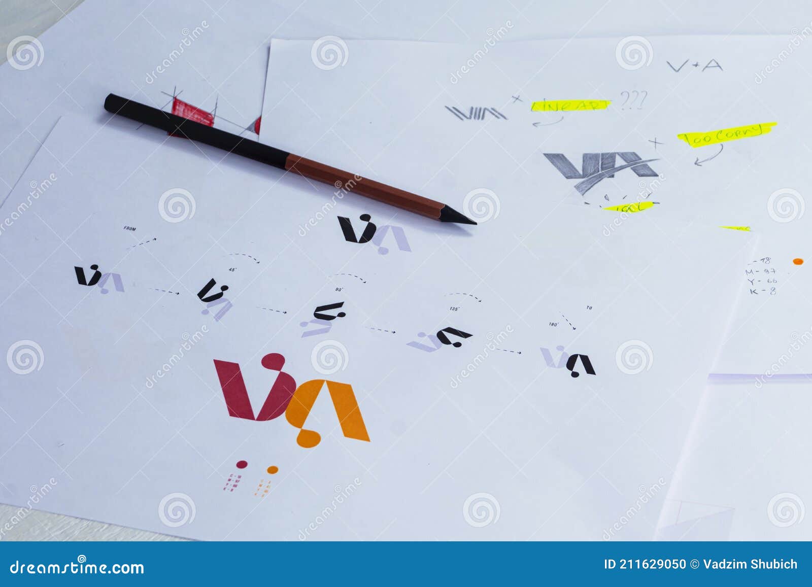 Sketches and Drawings of the Logo Printed on Paper. Development of Logo ...
