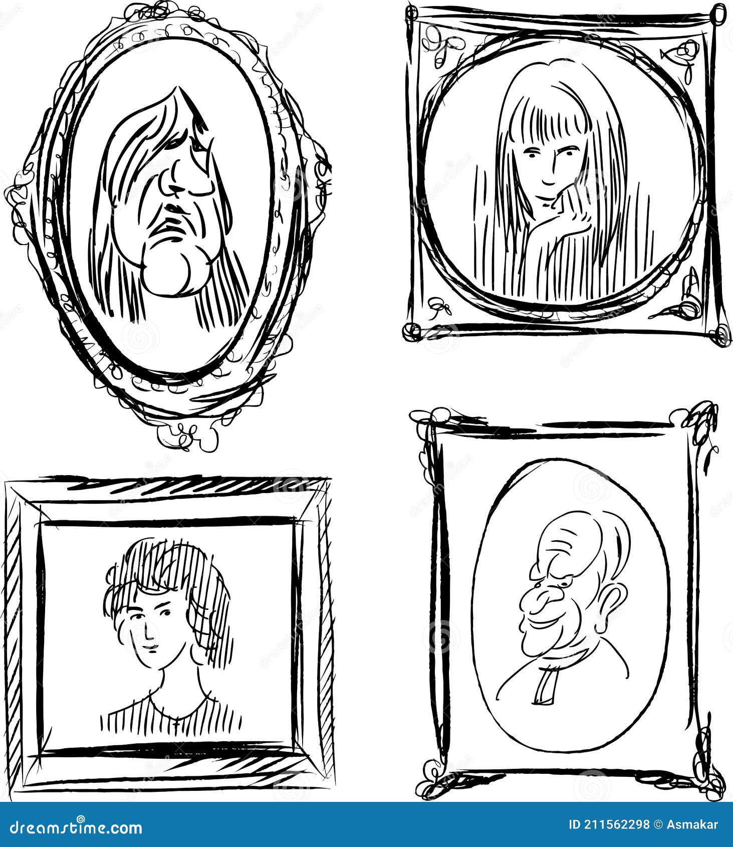 Sketches of Various Portraits People in Picture Frames Stock Vector ...