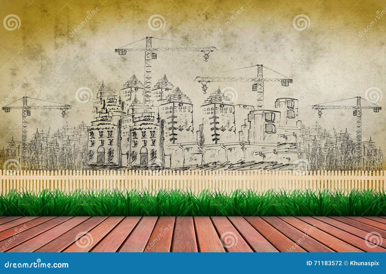 Sketching of Building Construction on Empty Wall with Beautiful Park ...